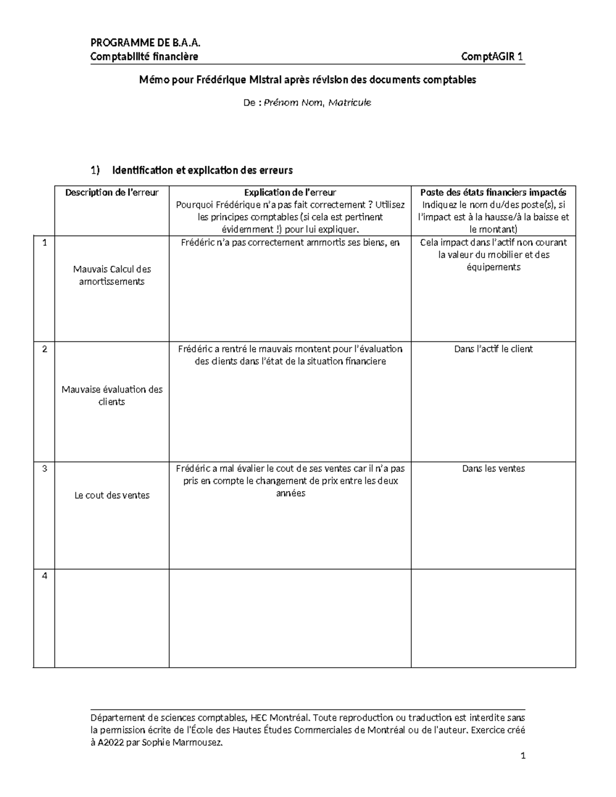 Mémo pour Frédérique Mistral - PROGRAMME DE B.A. Comptabilité ...