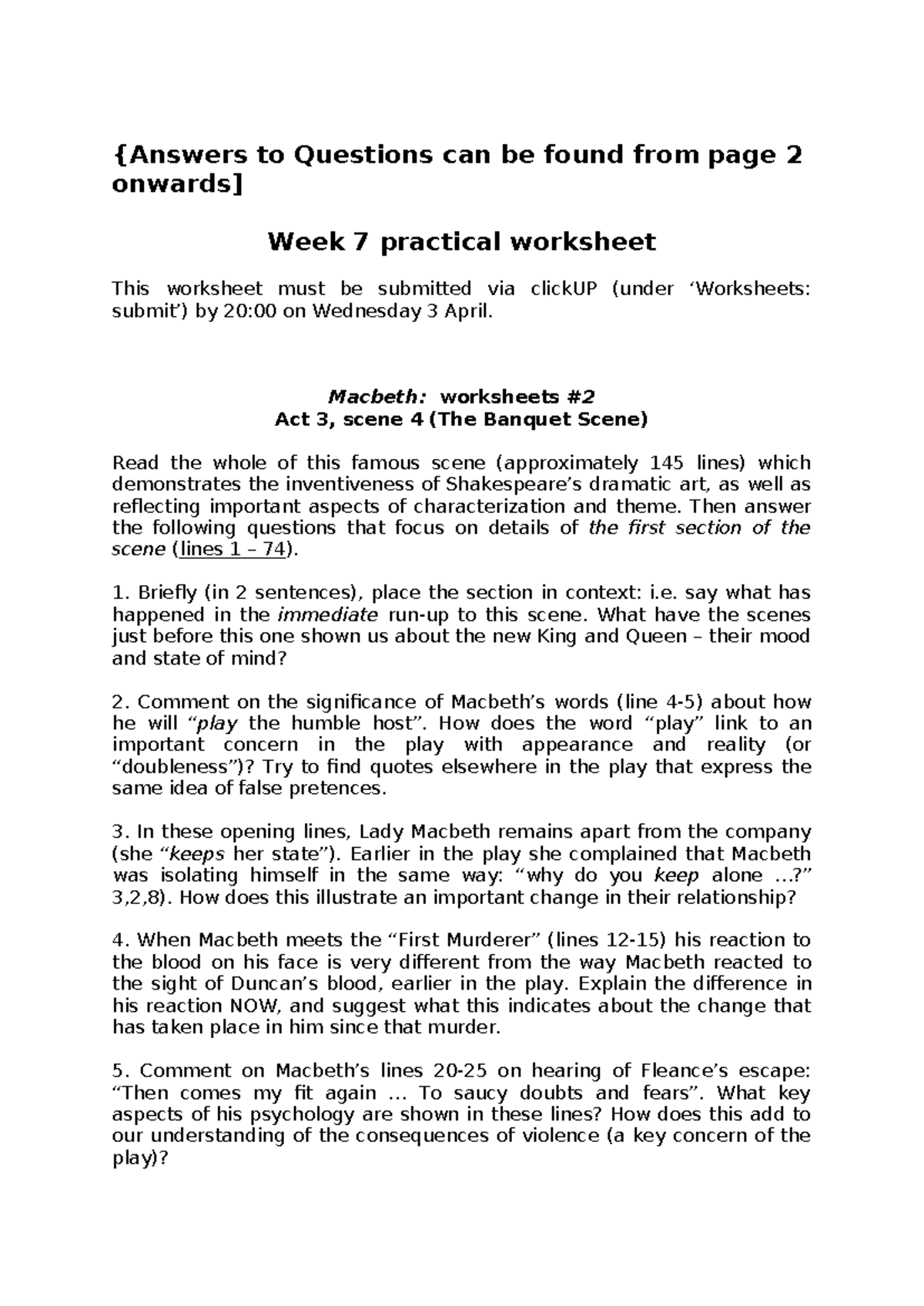 Macbeth Worksheet ENG110 2 - {Answers to Questions can be found from page 2 onwards] Week 7 ...