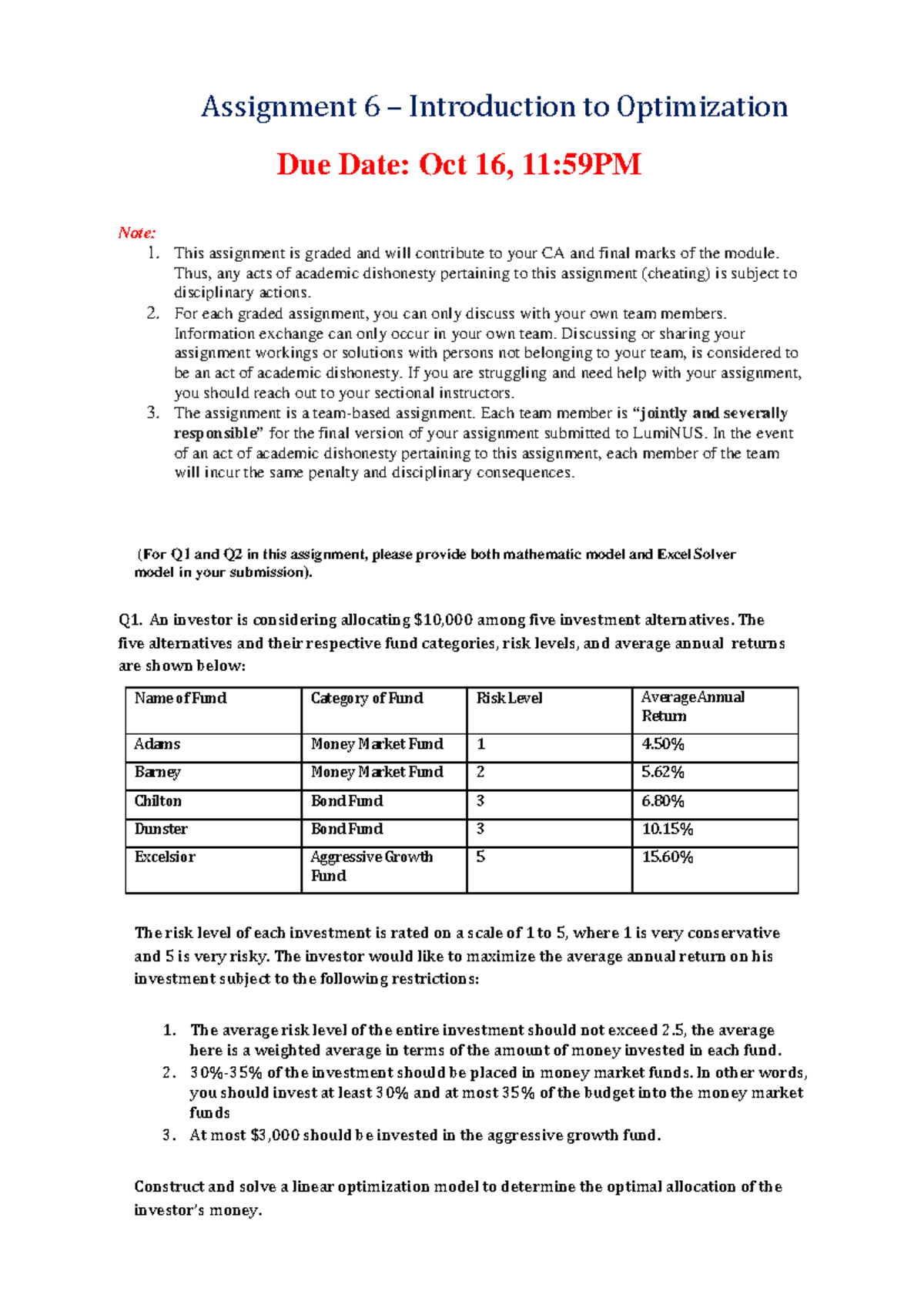 Assignment 6 Dao Assignment 6 Introduction To Optimization Due Date Oct 16 1159pm Note 1