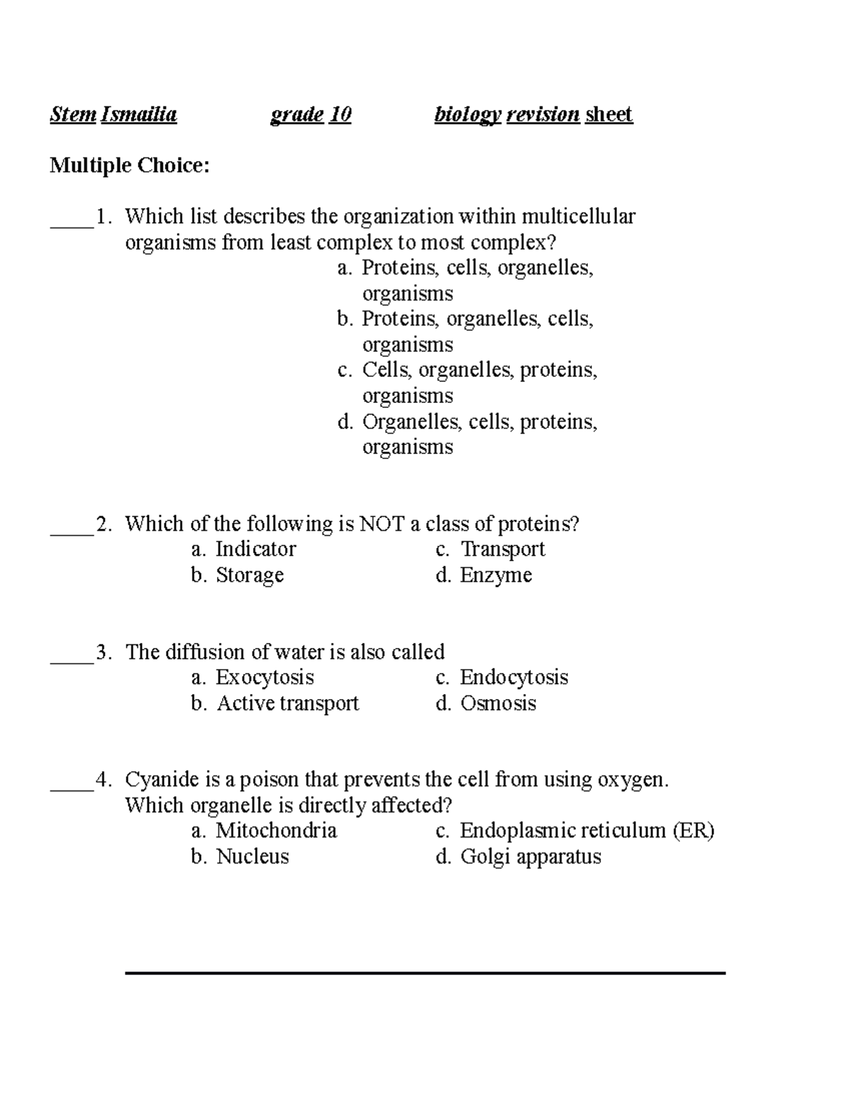 Stem Ismailia grade 10 biology revision sheet - Which list describes ...