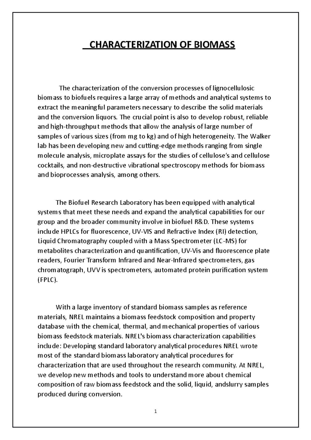 Characterization OF Biomass - CHARACTERIZATION OF BIOMASS The ...
