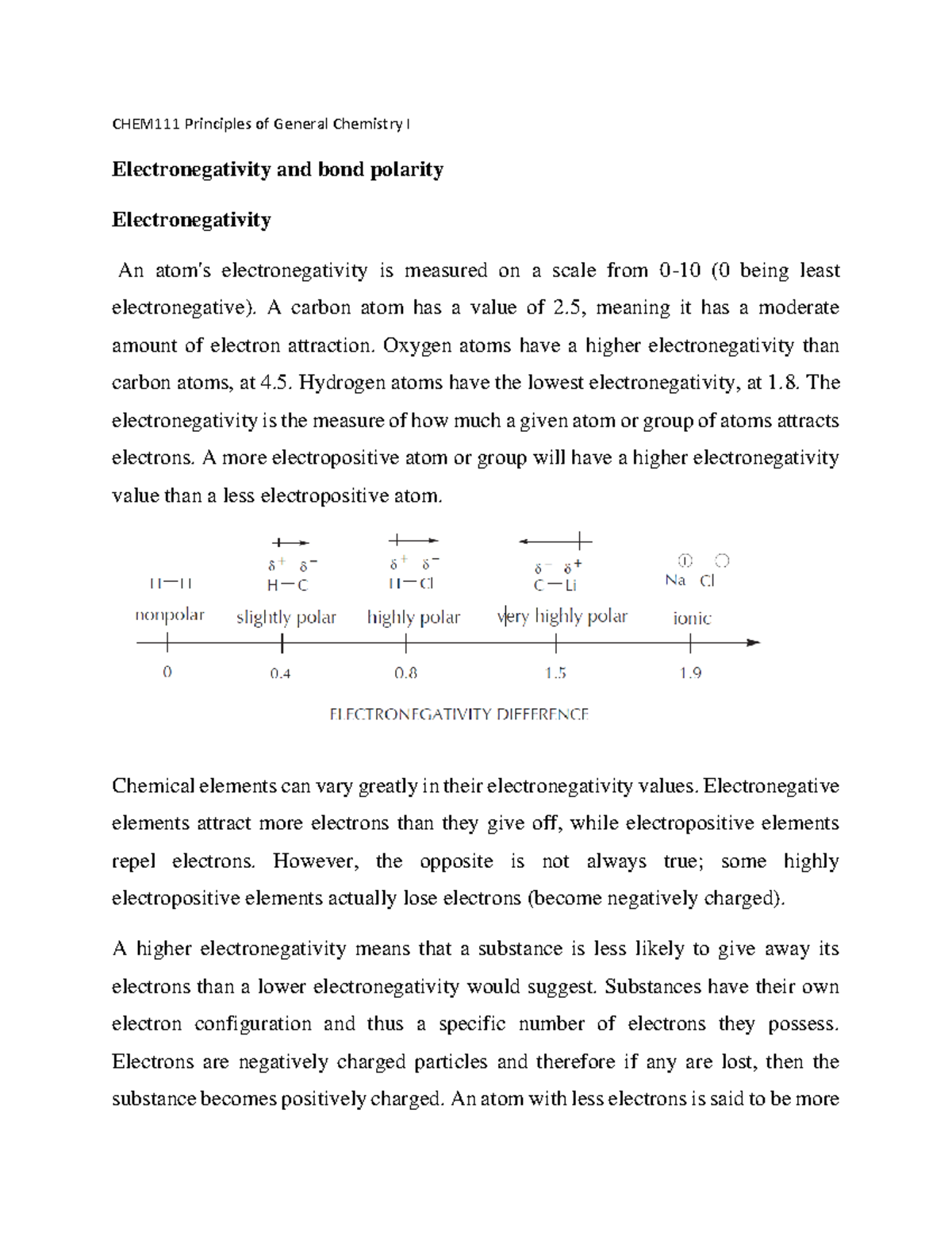 Electronegativity and bond polarity - CHEM111 Principles of General ...