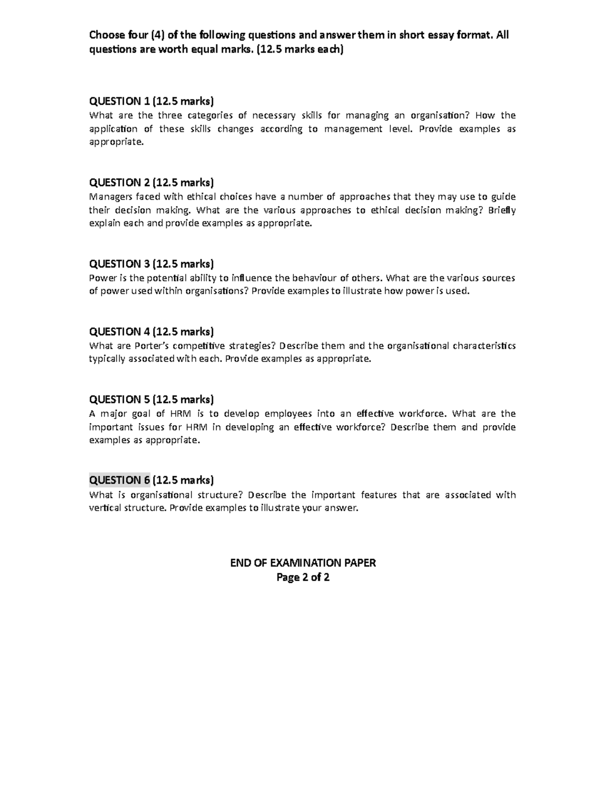 FINAL EXAM PAST YEAR PAPER (Helpful) - Introduction to Management - Studocu