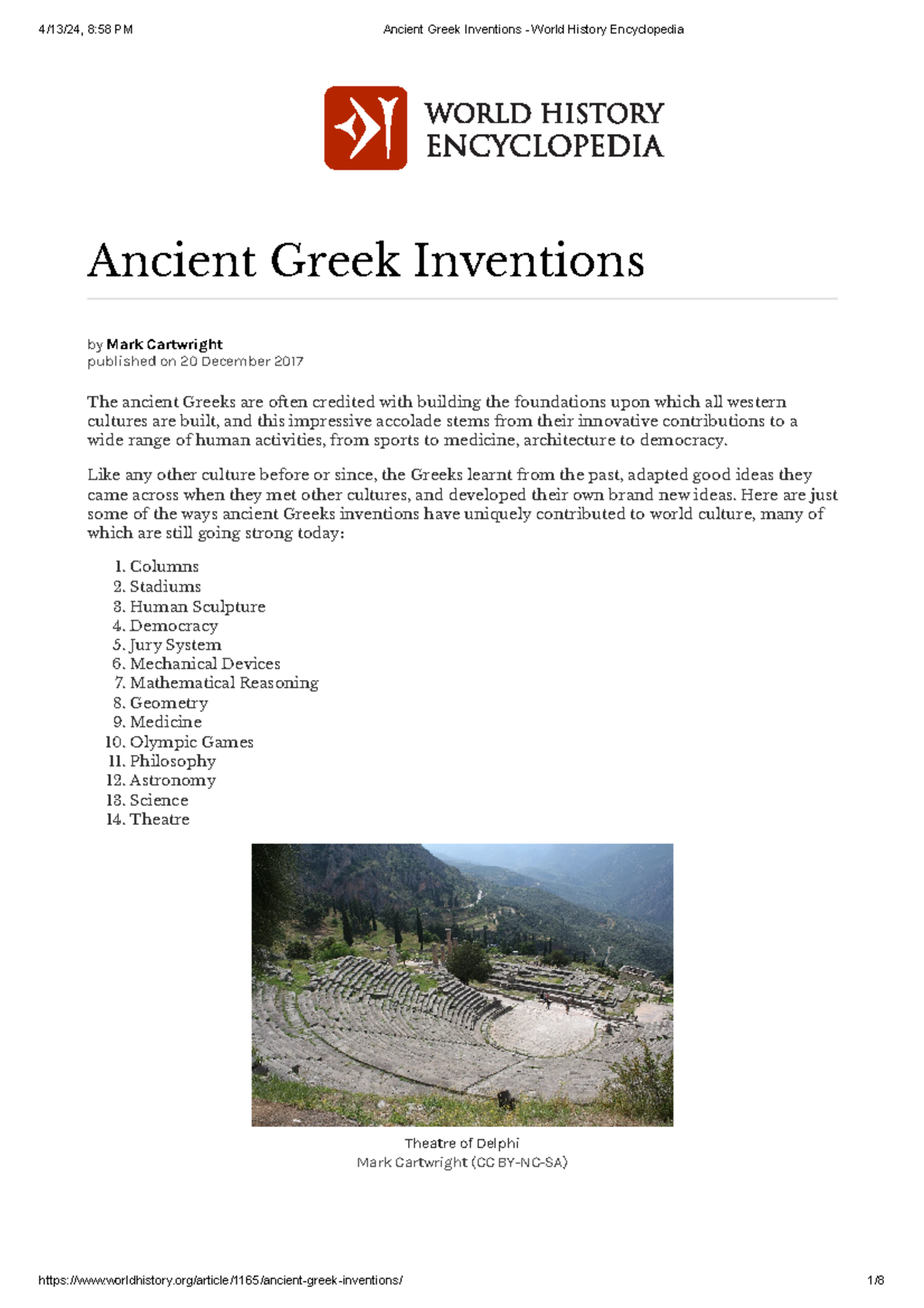 Ancient Greek Inventions - World History Encyclopedia - by Mark ...