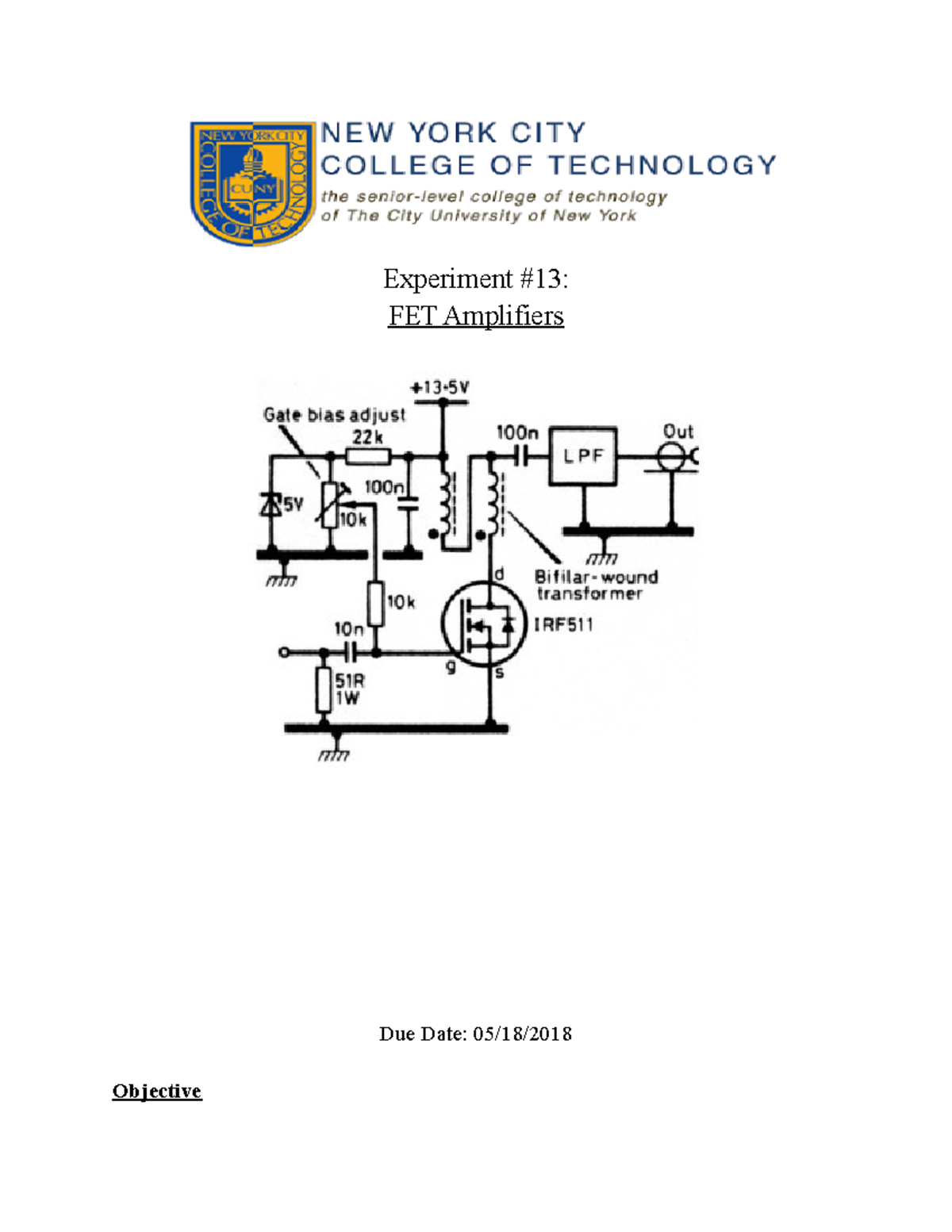 EMT 1255 - Lab 13 - FET Amplifiers - Experiment #13: FET Amplifiers Due ...