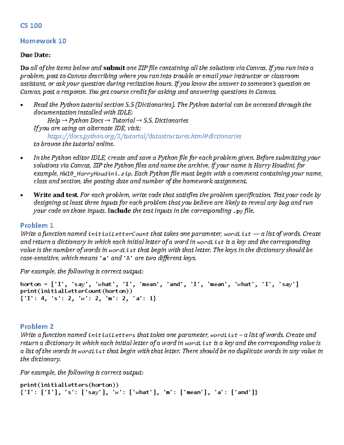 Homework+10+-+Dictionaries+and+Tuples - CS 100 Homework 10 Due Date: Do all of the items below ...