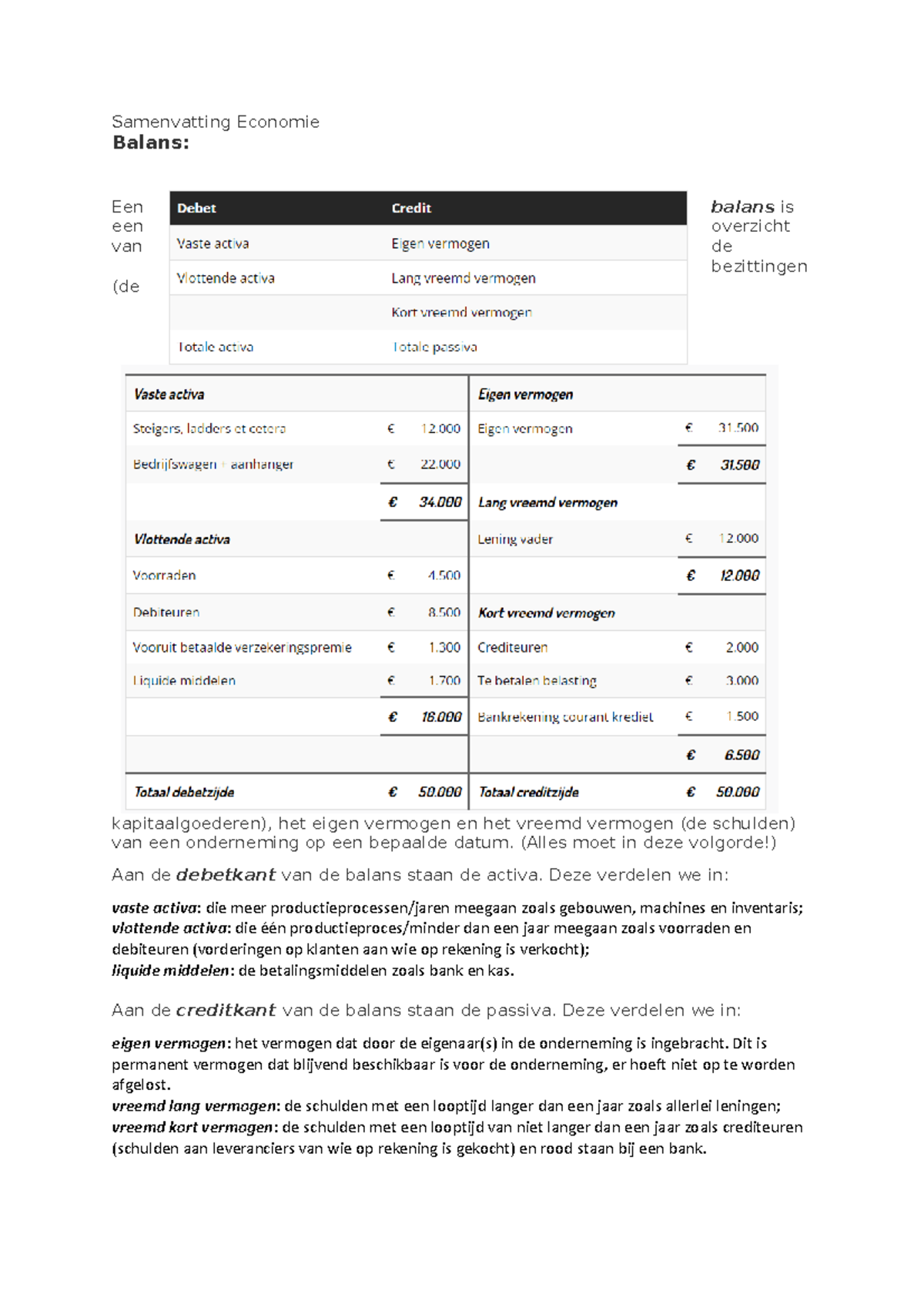 Samenvatting Finance - Samenvatting Economie Balans: Een balans is een overzicht van de ...