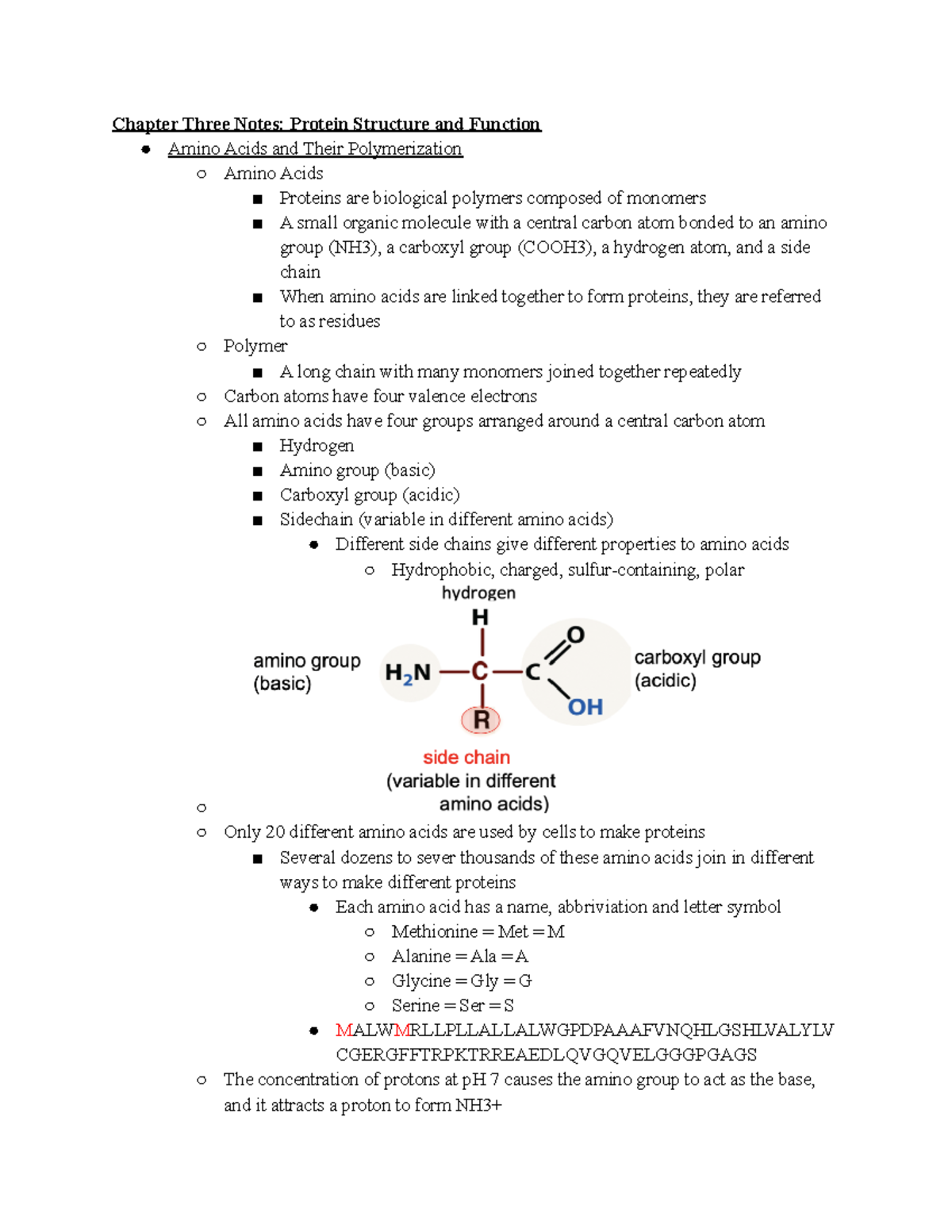 Lecture Notes and Chapter Notes - Chapter Three Notes: Protein ...