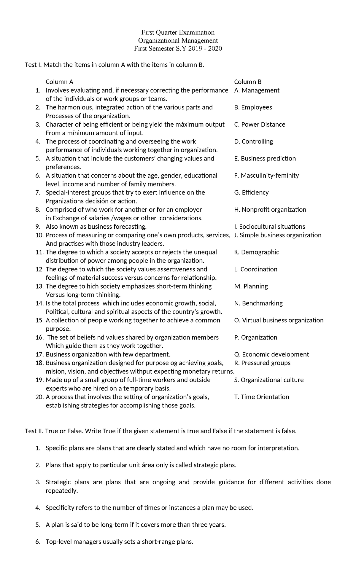 1st Quarter Test Organizational Management - First Quarter Examination ...