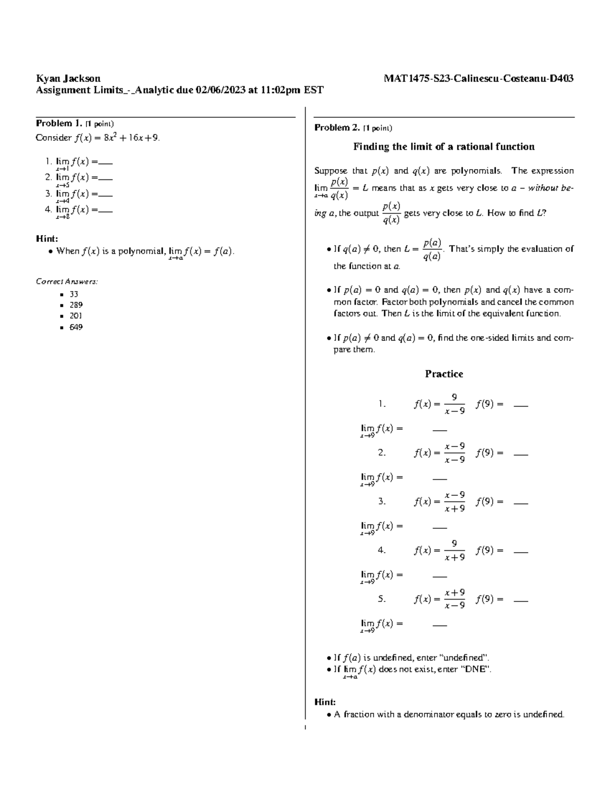 Limits_-_Analytic - Kyan Jackson MAT1475-S23-Calinescu-Costeanu-D Assignment Limits - Analytic ...