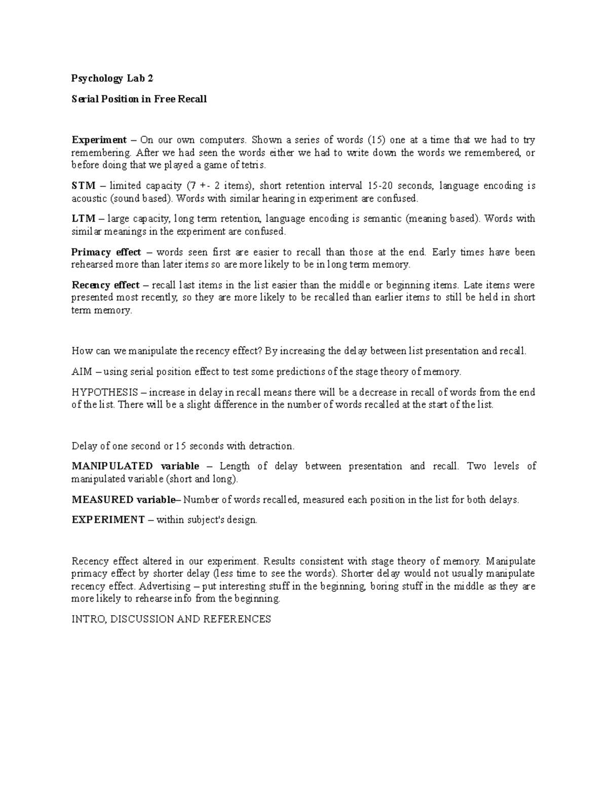 Psych Lab 2 - Serial Position Effect - Psychology Lab 2 Serial Position in Free Recall ...
