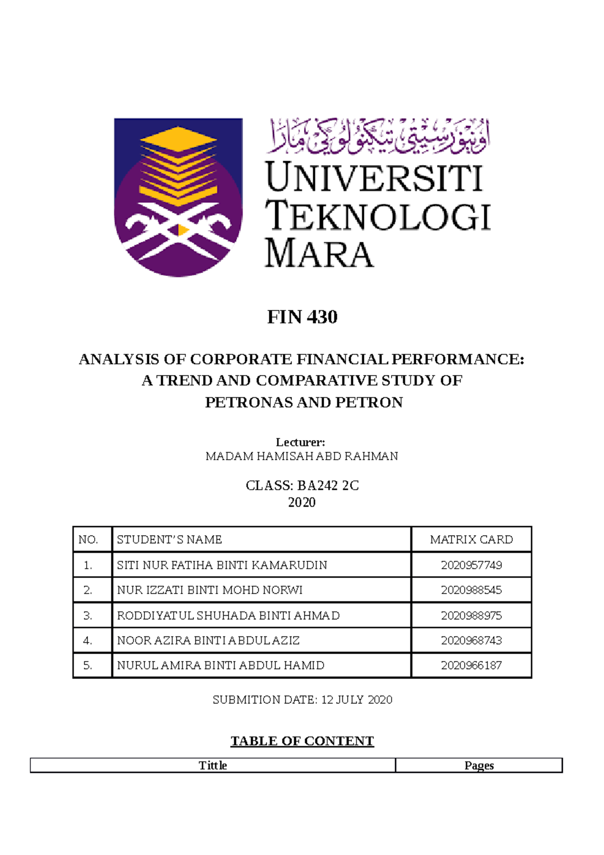 Analysis OF Corporate Financial Performance - FIN 430 ANALYSIS OF ...