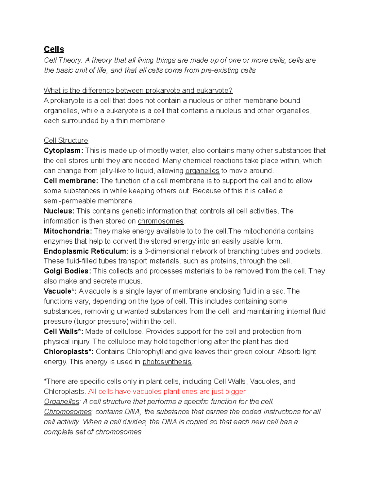 Bio notes - ... - Cells Cell Theory: A theory that all living things ...