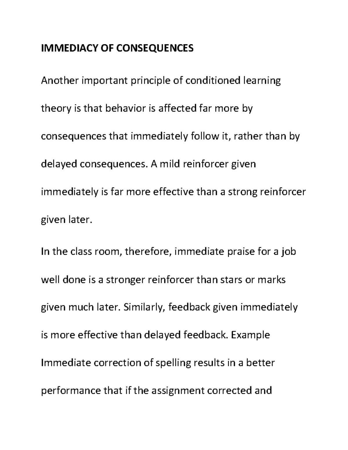 Principle of conditioned learning theory(Immediacy of consequences ...