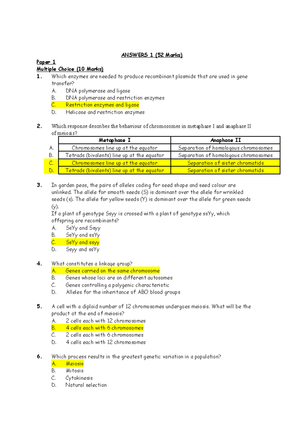 3 10 genetics answers - Induction - ANSWERS 1 (52 Marks) Paper 1 ...