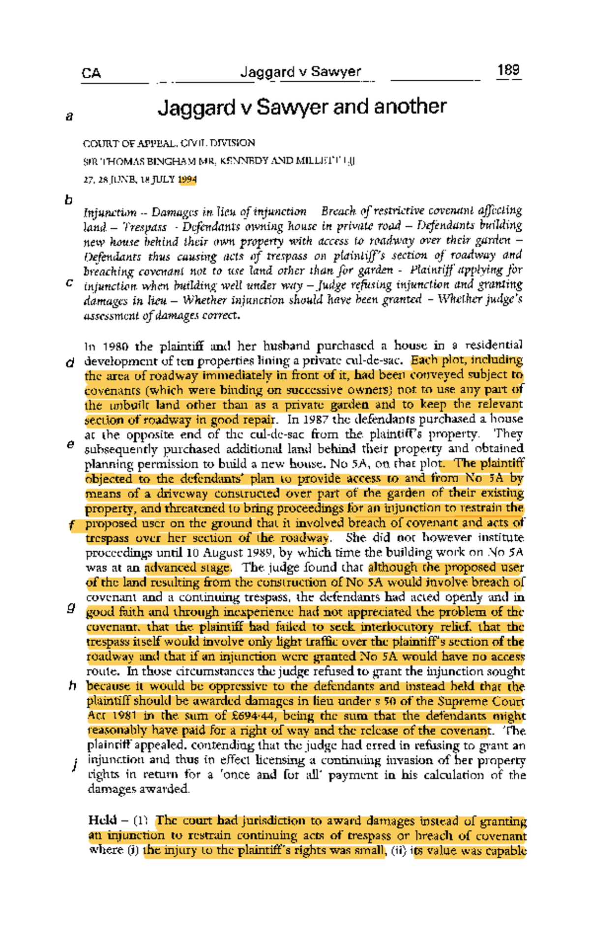 Jaggard v Sawyer and another [1995] 2 All ER 189 - LAW5006 - Studocu