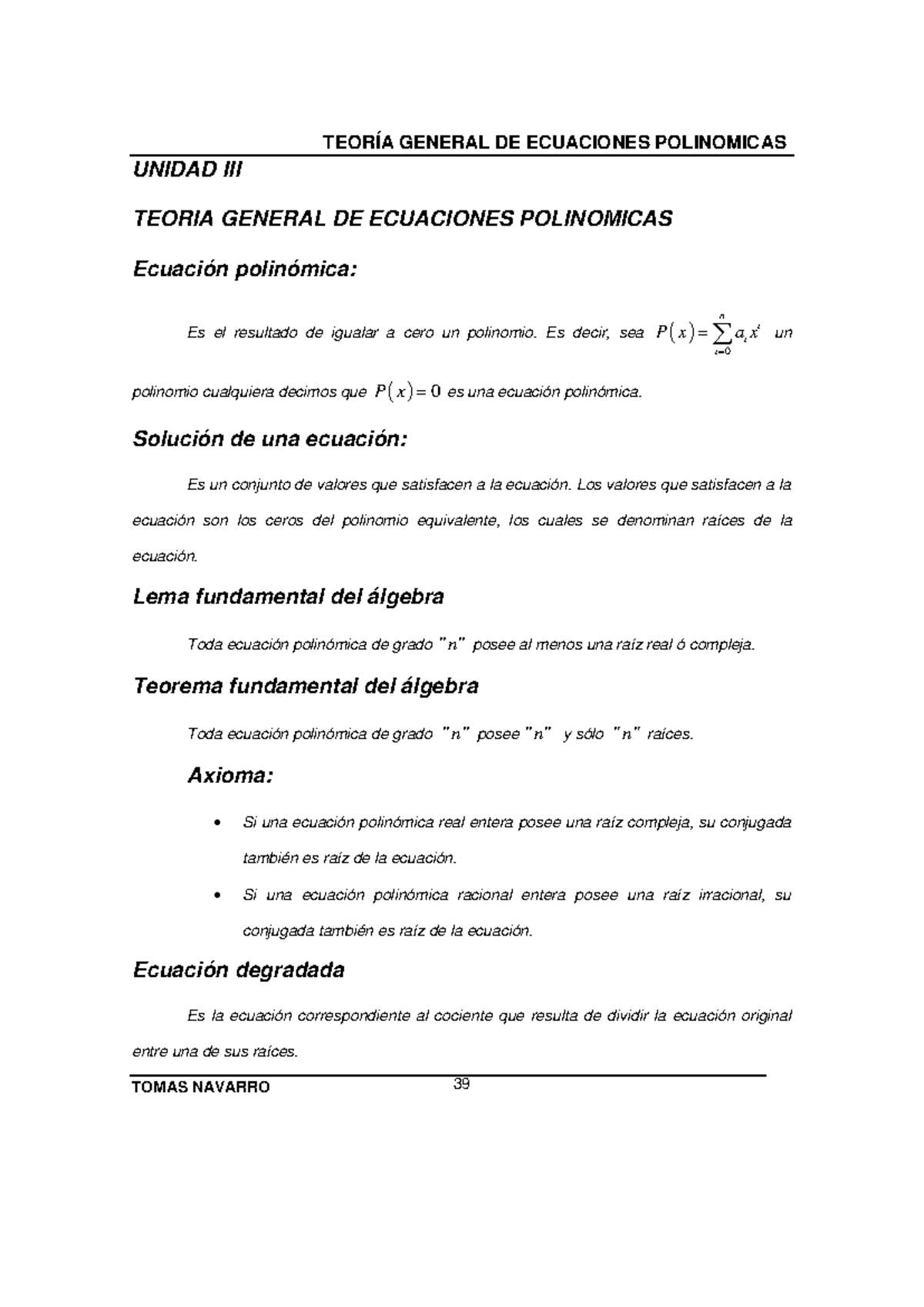 Cap - Teorema fundamental del algebra material de apoyo - UNIDAD III ...