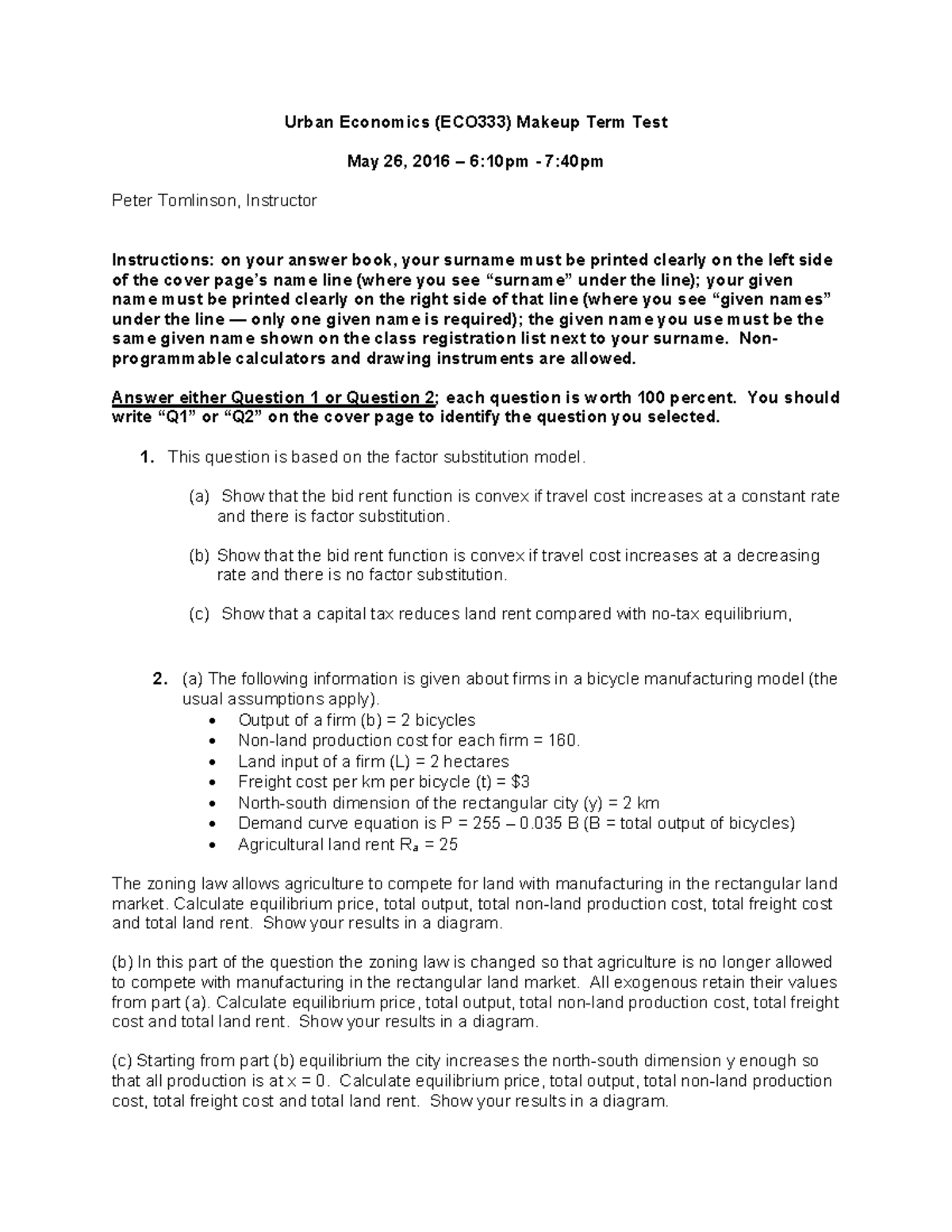 Exam May 2016, questions - 2016 may term test - Urban Economics (ECO333 ...
