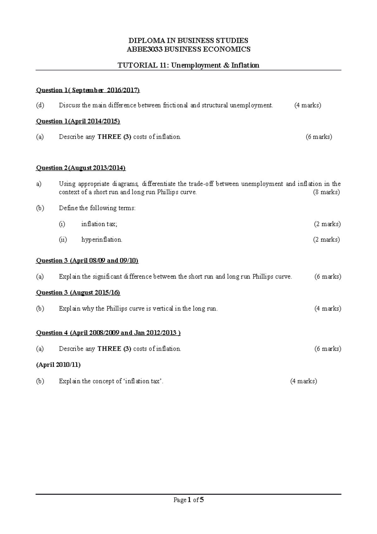 Tutorial 12 Q-T-Un E and Inflation - DIPLOMA IN BUSINESS STUDIES ...