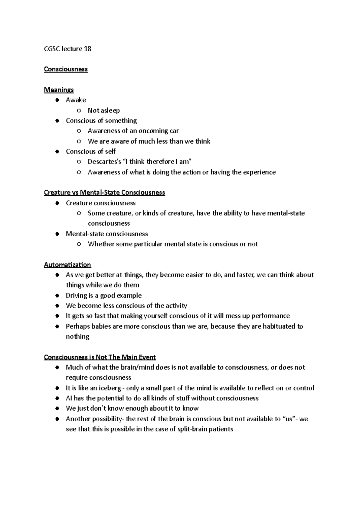 CGSC lecture 18 - CGSC lecture 18 Consciousness Meanings Awake Not ...