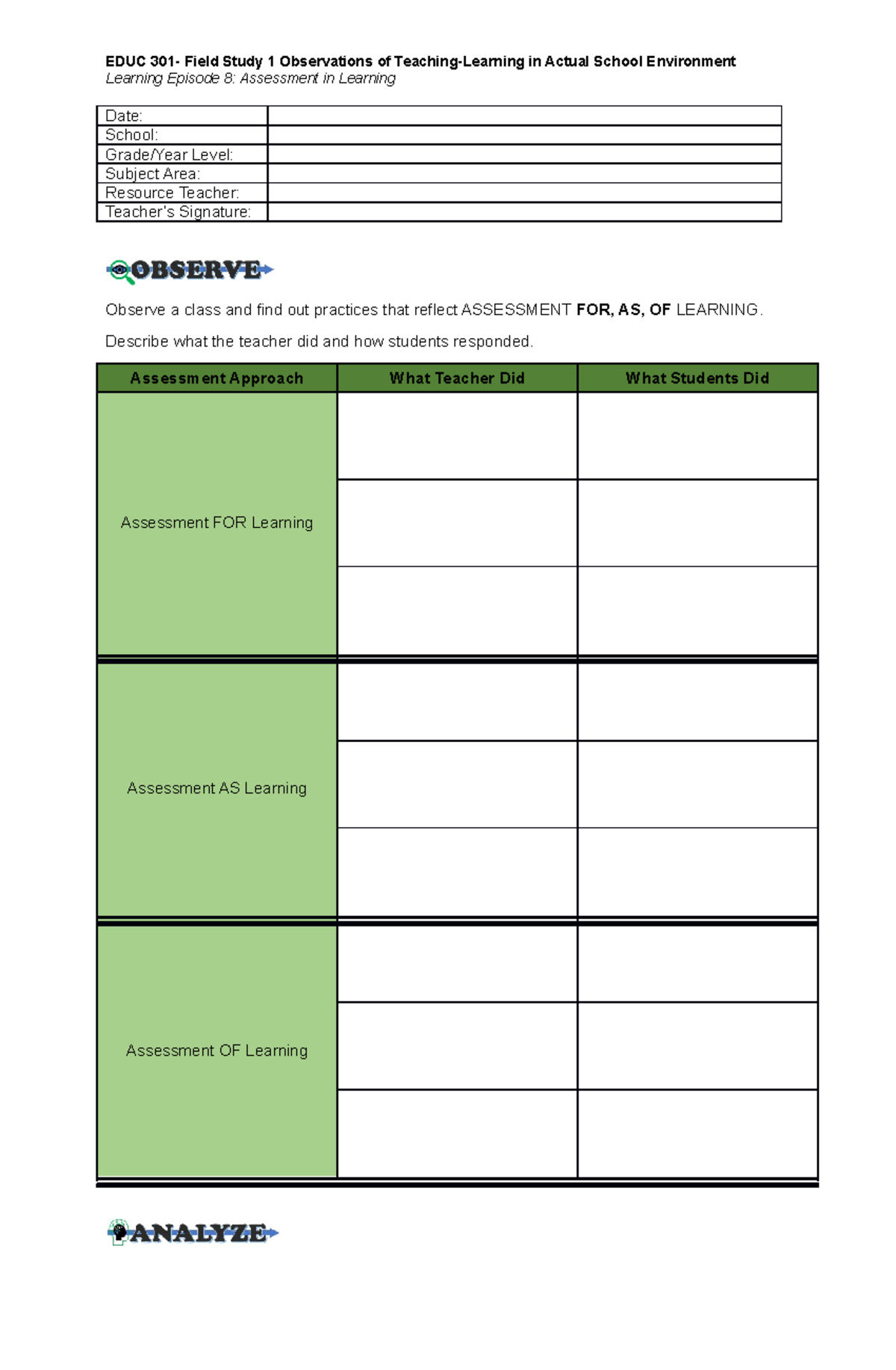 FS1 LE 8 act1 - n/a - EDUC 301- Field Study 1 Observations of Teaching ...