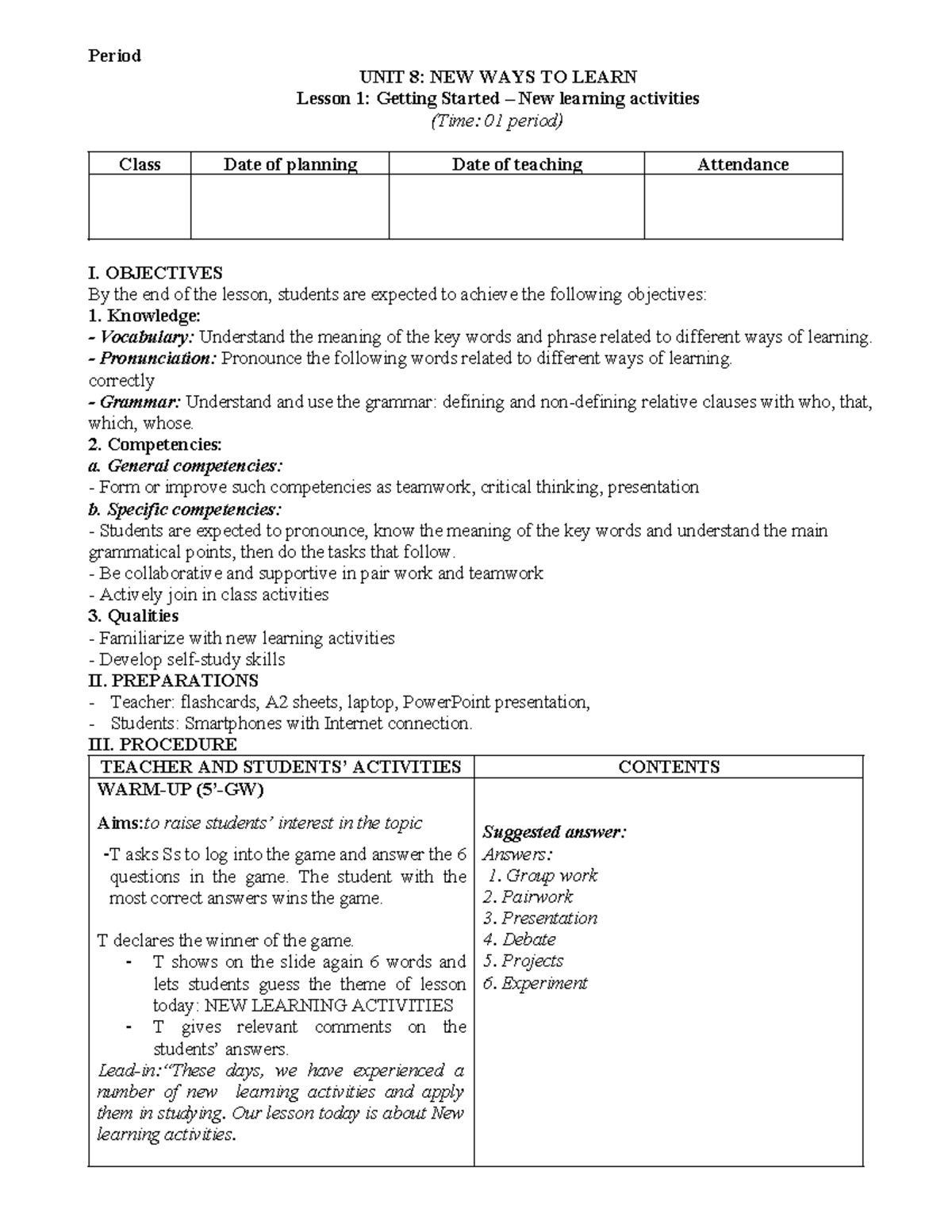 P70-77 - E10-U8 - Summary English Linguistics - Period UNIT 8: NEW WAYS TO LEARN Lesson 1 ...