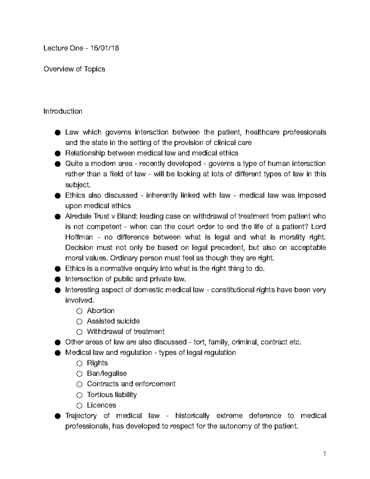 Medical Law and Ethics - Lecture notes All - Lecture One - 16/01/18 ...