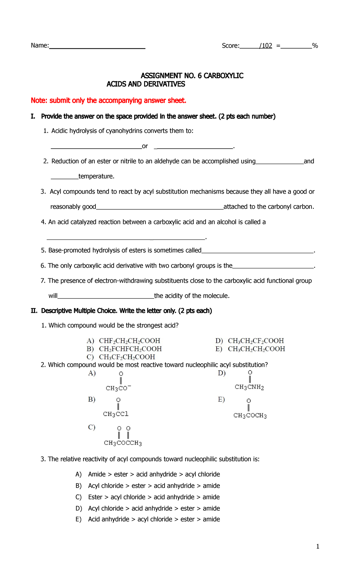 Assignment No. 6 Carboxylic Acid and Derivatives - Name: Score ...