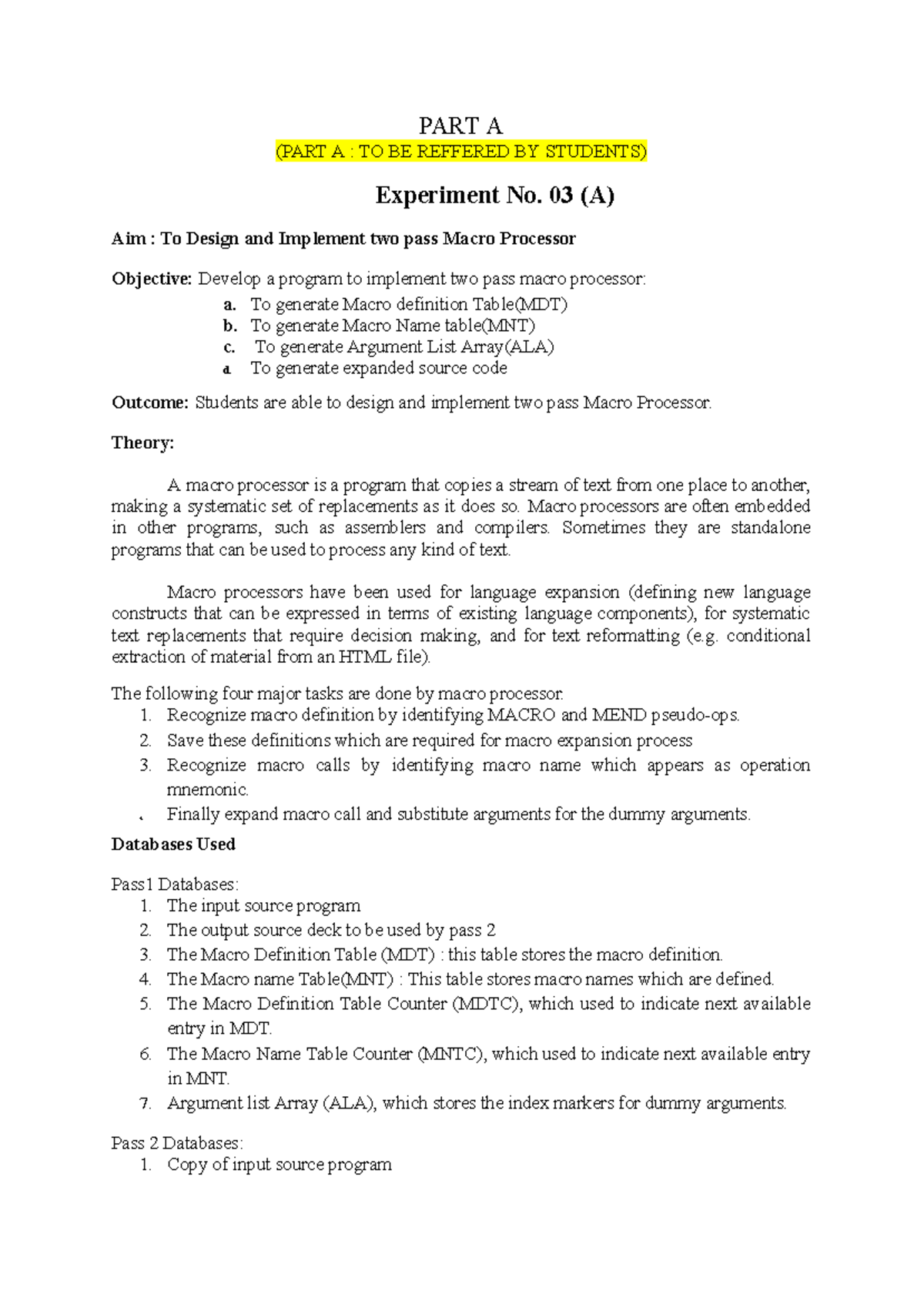 A16 SPCC EXP 3 - exp 3 - PART A (PART A : TO BE REFFERED BY STUDENTS) Experiment No. 03 (A) Aim ...