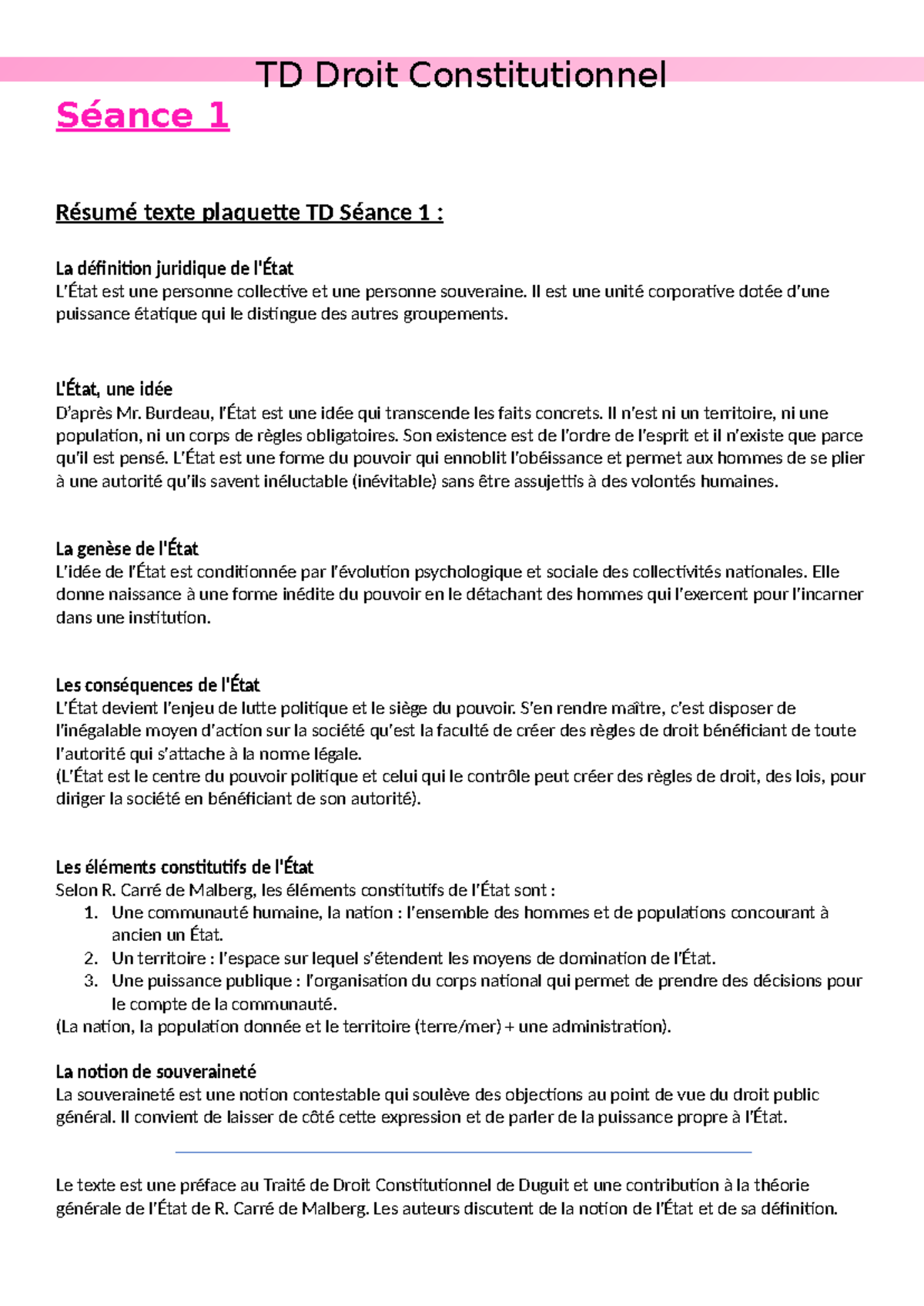 TD Séance 1 droit constit - TD Droit Constitutionnel Séance 1 Résumé texte plaquette TD Séance 1 ...