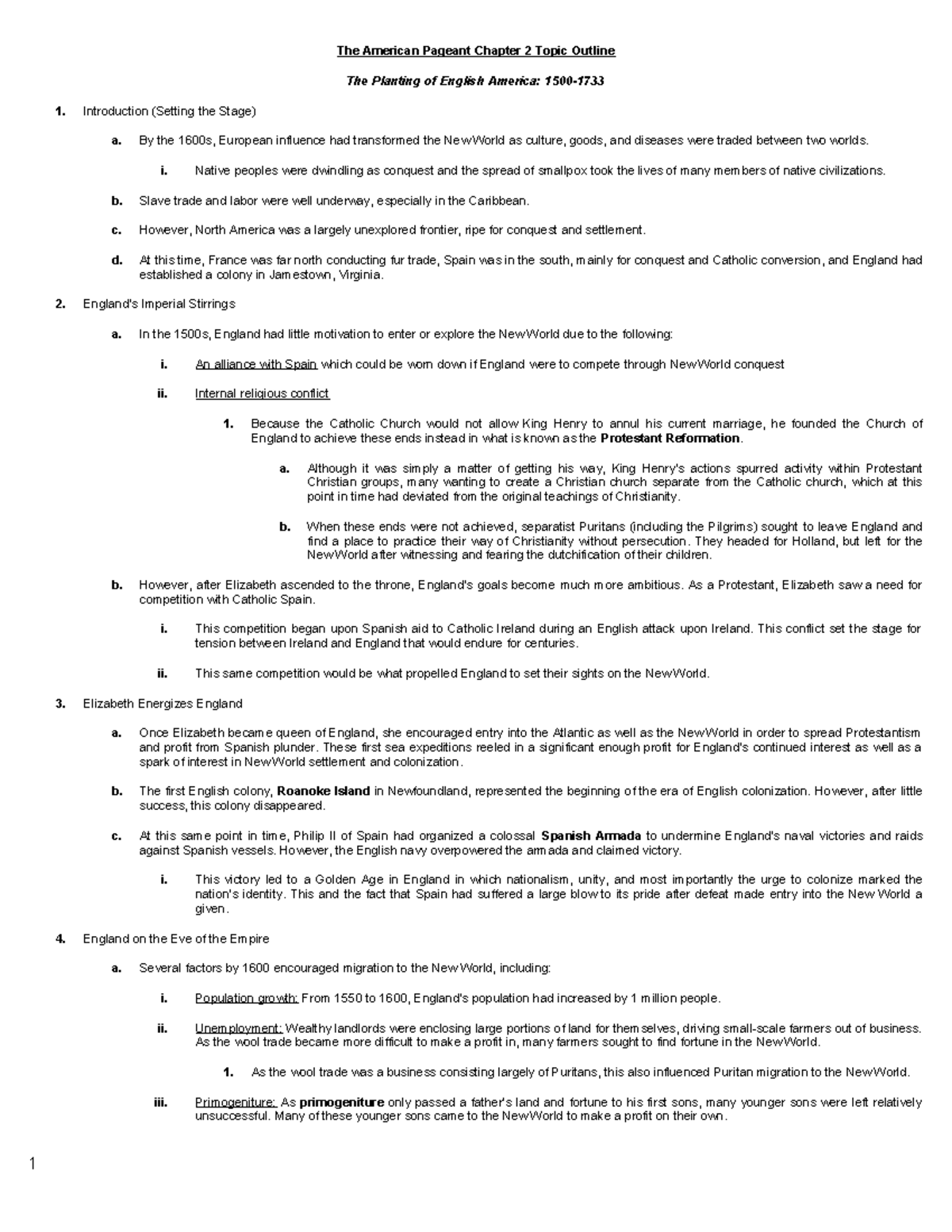 Apush Chapter 2 Topic Outline - The American Pageant Chapter 2 Topic ...