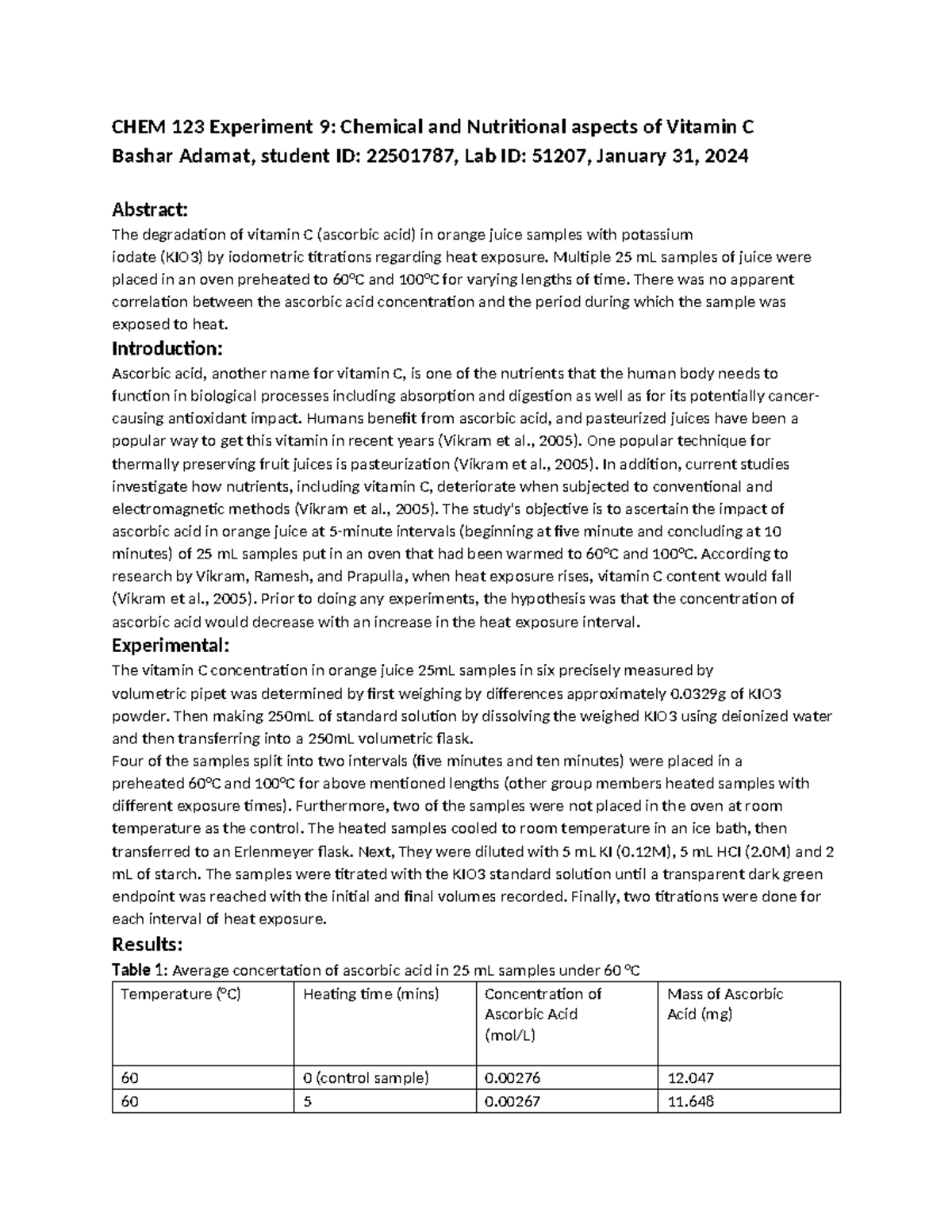 CHEM 123 Experiment 9 Chemical and Nutritional aspects of Vi - Multiple ...