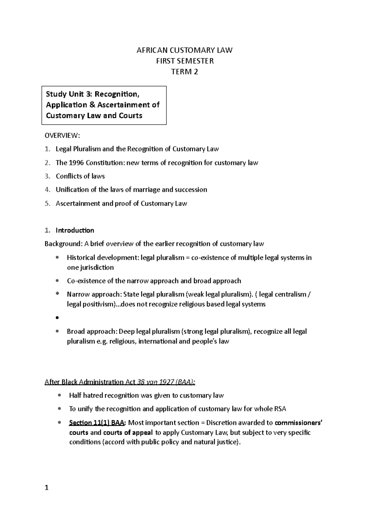African Customary Law SU 3 - AFRICAN CUSTOMARY LAW FIRST SEMESTER TERM ...