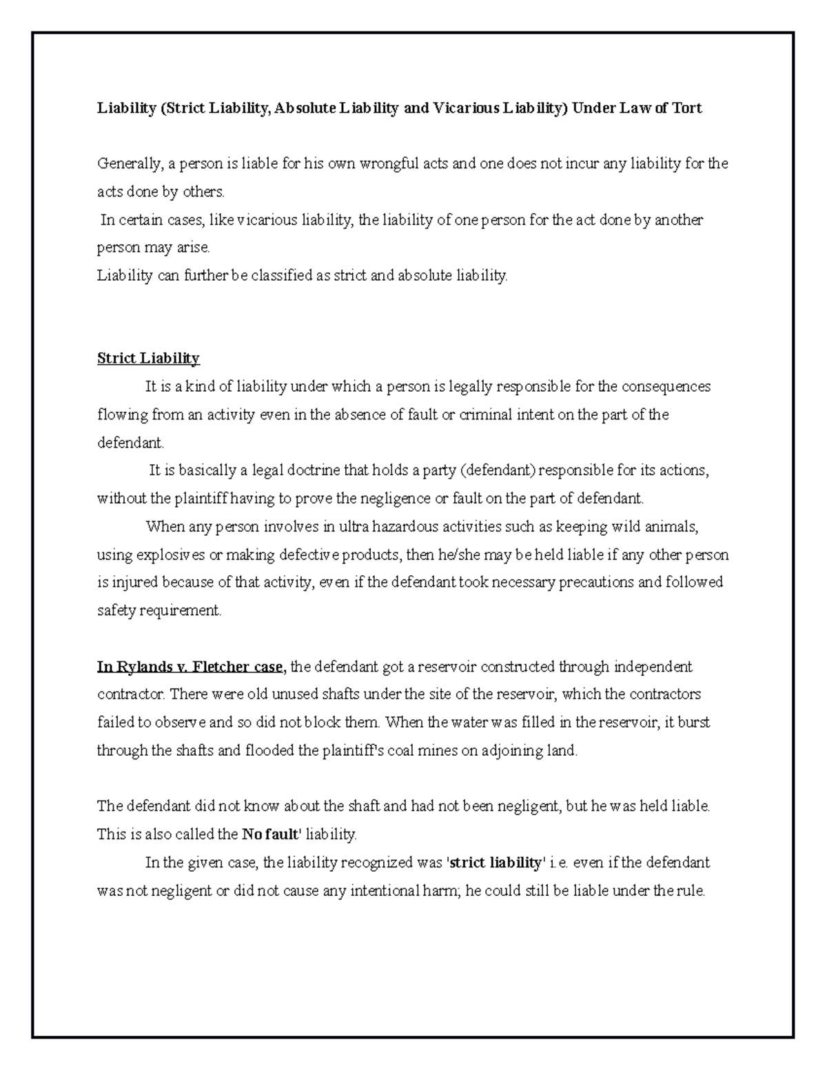 Strict Liability tort law - Liability (Strict Liability, Absolute ...