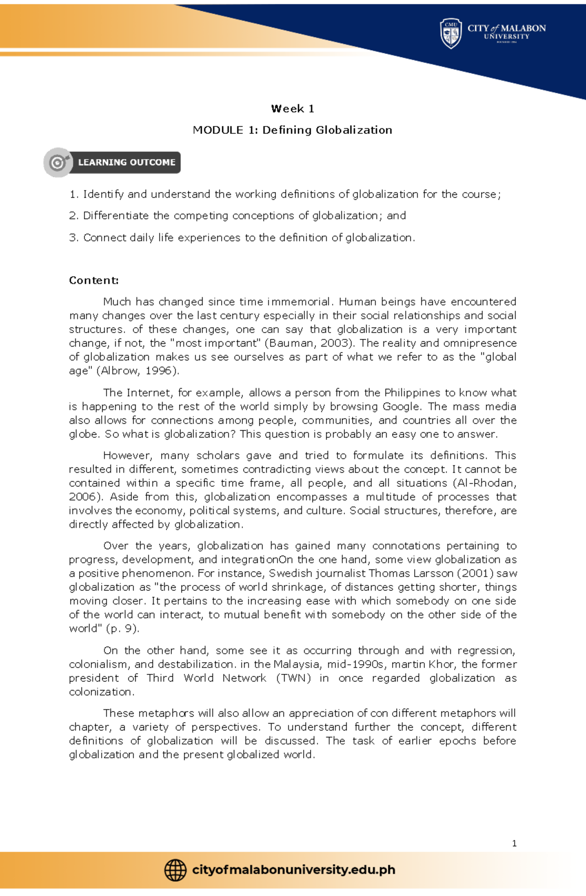 Module 1-8 TCW - The Contemporary World - Week 1 MODULE 1: Defining Globalization Identify and ...