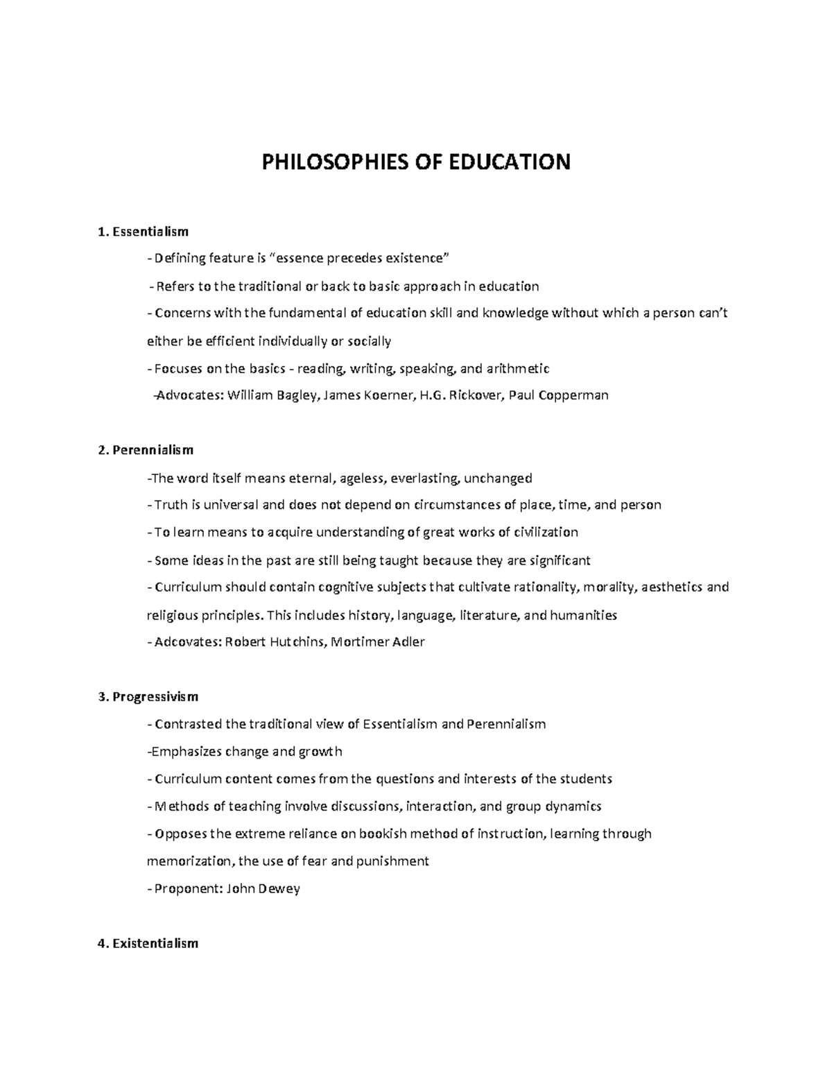 Philosophies OF Education Handout - PHILOSOPHIES OF EDUCATION ...