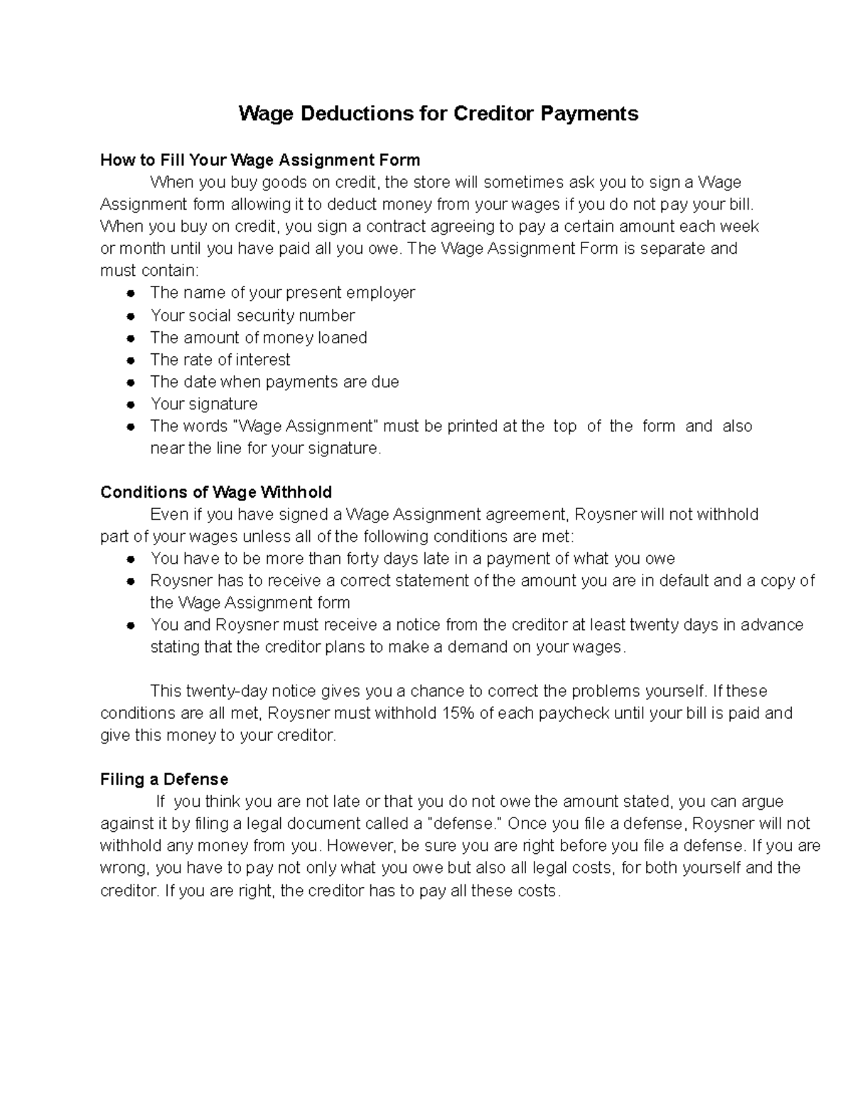 BUS260 HW #3 - Homework assignment 3 - Wage Deductions for Creditor ...