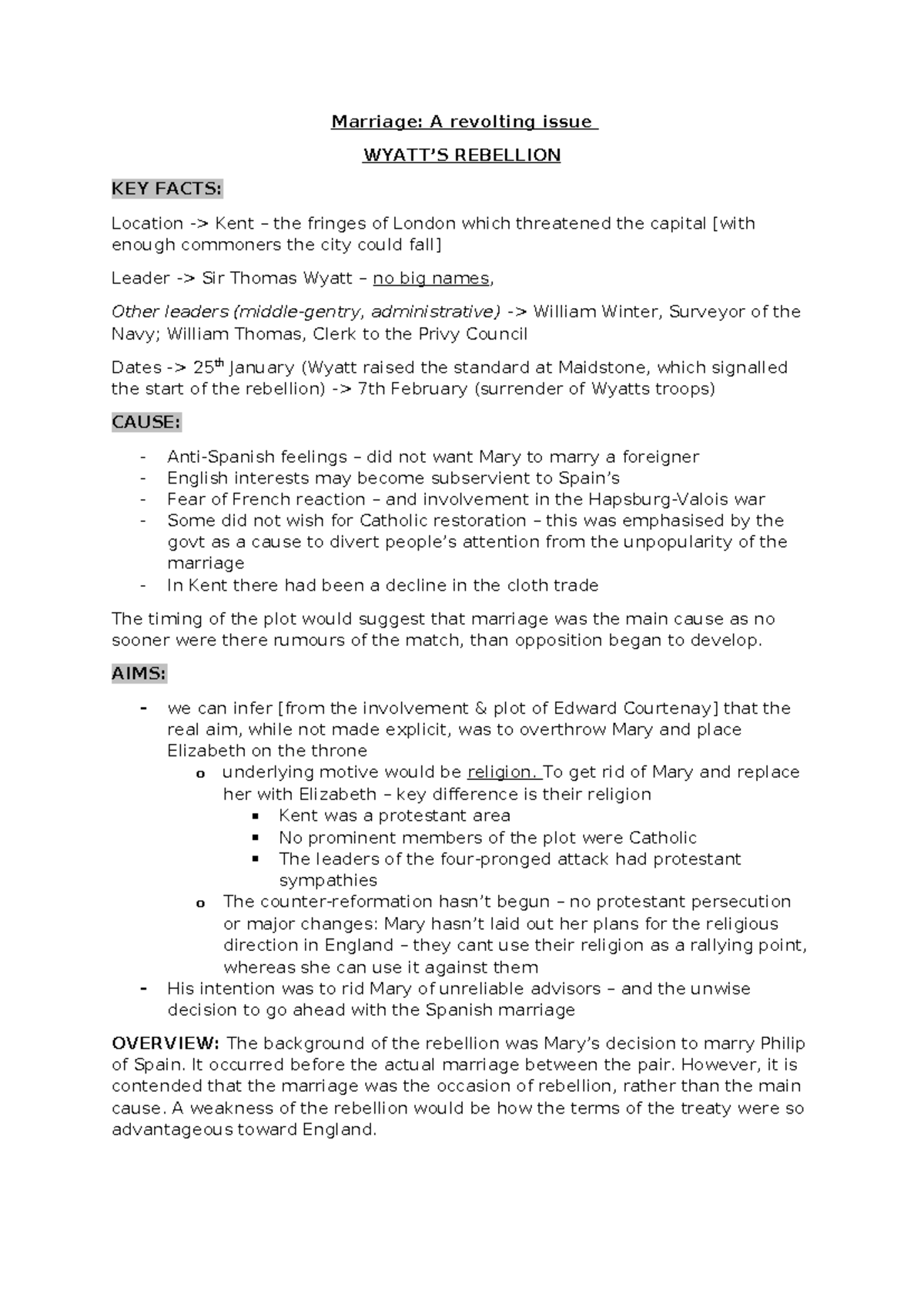 Wyatt's rebellion - Marriage: A revolting issue WYATT’S REBELLION KEY ...