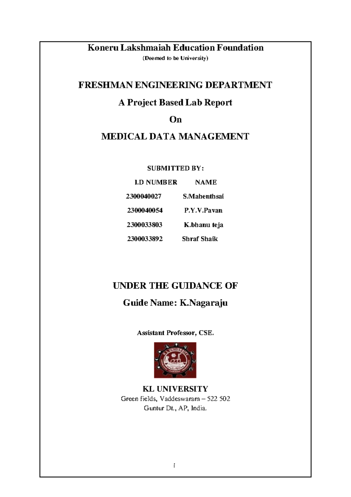 Ctsd project - i Koneru Lakshmaiah Education Foundation (Deemed to be University) FRESHMAN - Studocu