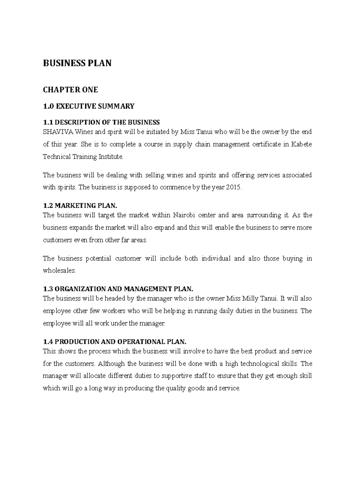 Business PLAN Chapter ONE 1 0 Executive - BUSINESS PLAN CHAPTER ONE 1 ...