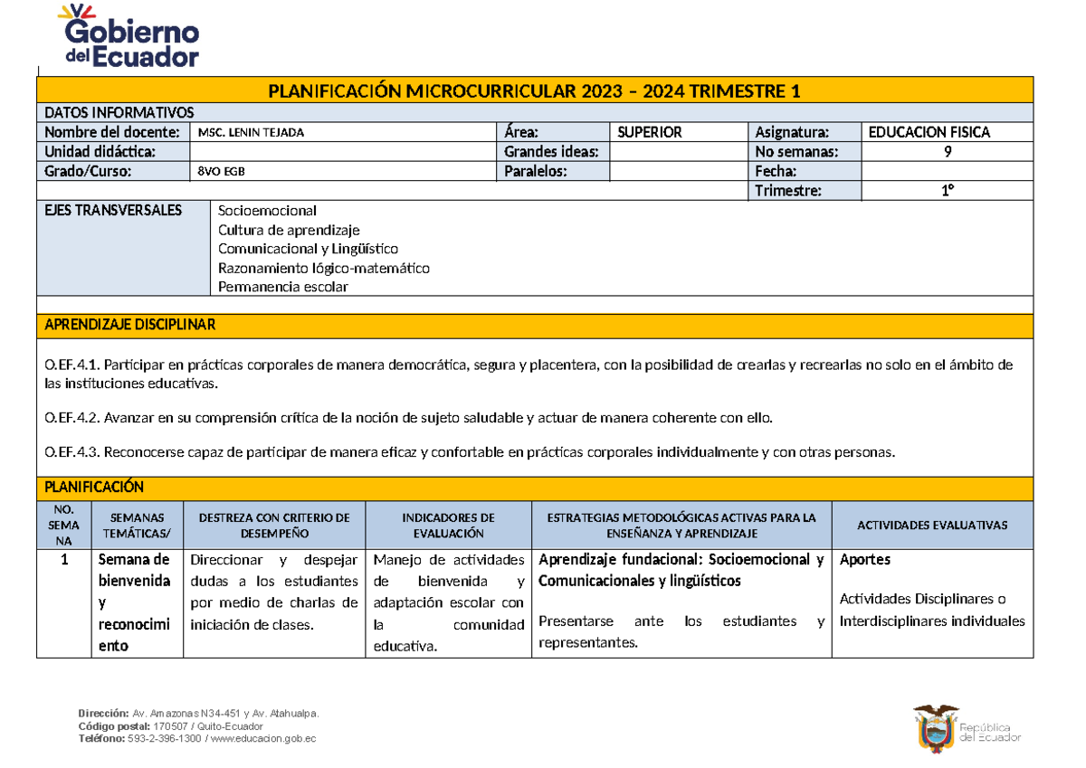 EF - 8VO - Planificación 9 Semanas - Dirección: Av. Amazonas N34-451 y ...