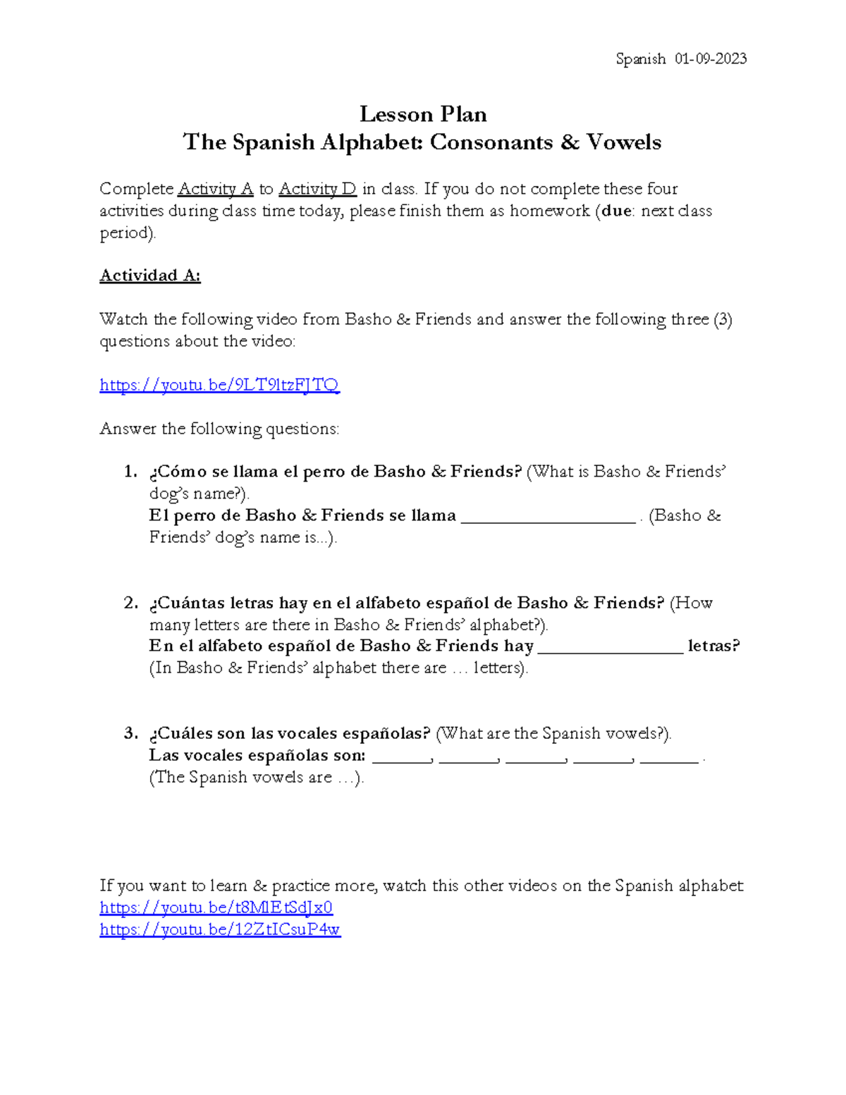 El alfabeto español 1-9-2023 - Lesson Plan The Spanish Alphabet ...