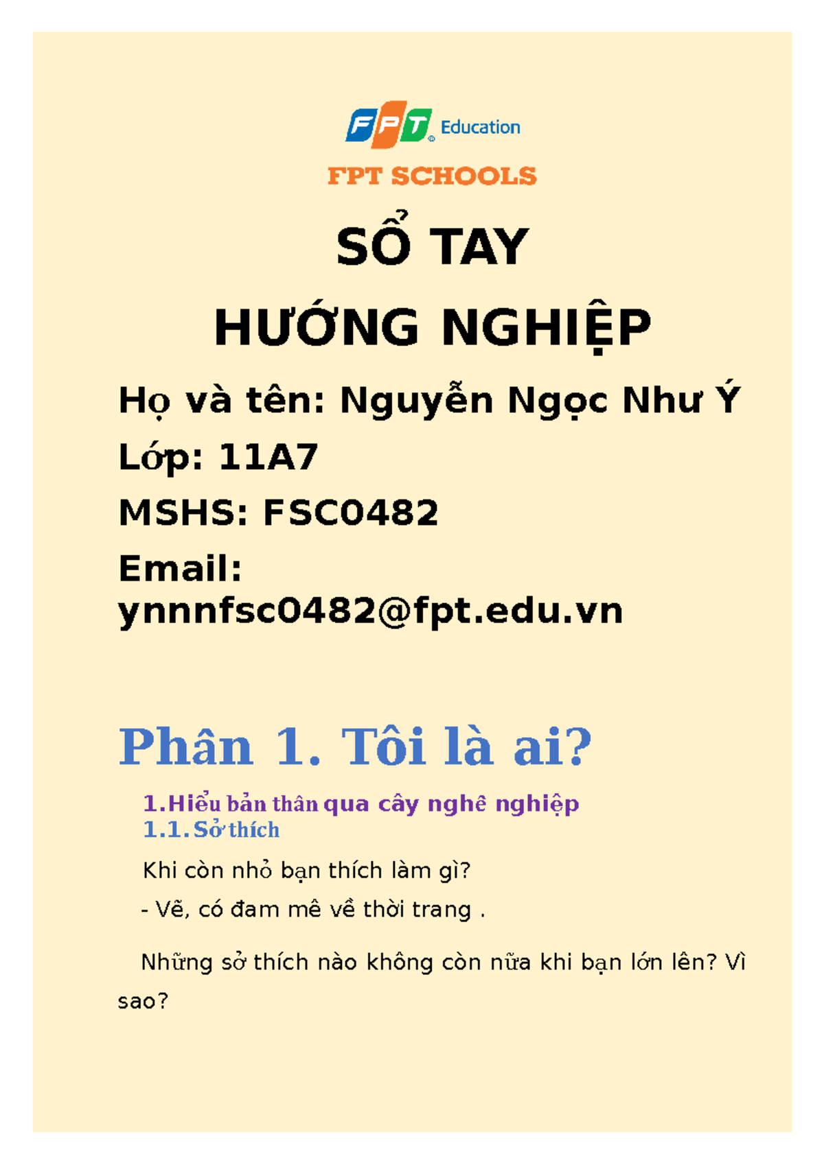 Sá» tay h Æ°á» ng nghiá» p NH 2022 - 2023 - SỔ TAY HƯỚNG NGHIỆP Họ và tên: Nguyễn Ngọc Như Ý Lớp ...