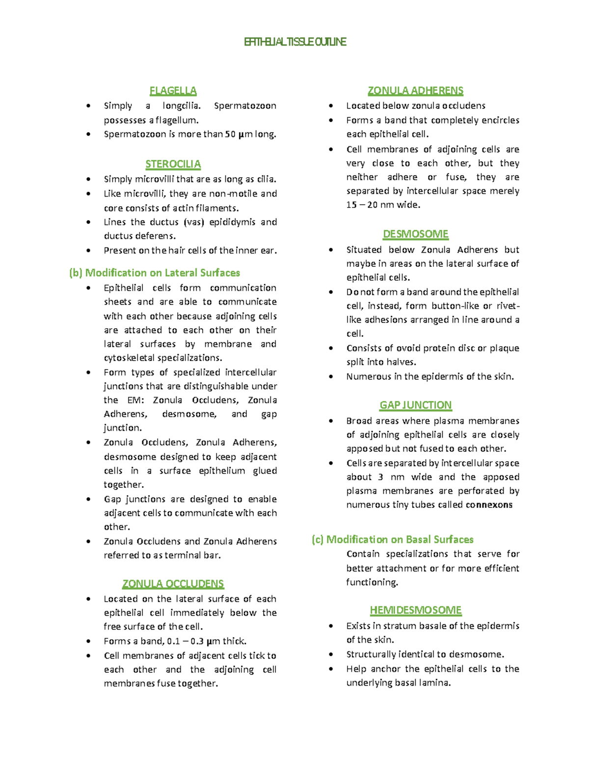 Epithelial Tissue Outline part 2 - EPITHELIAL TISSUE OUTLINE FLAGELLA ...