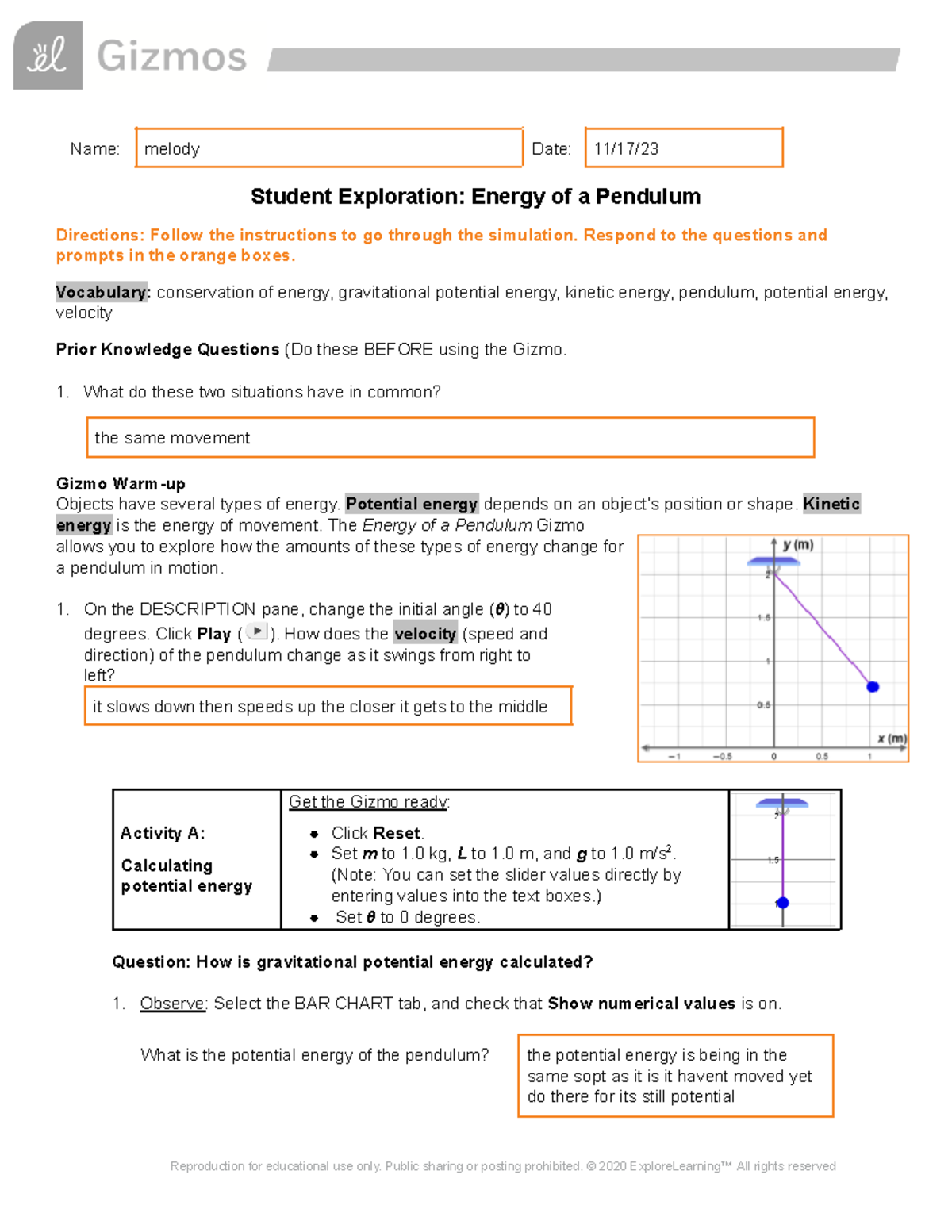 Energy Pendulum - Name: melody Date: 11/17/ Student Exploration: Energy ...