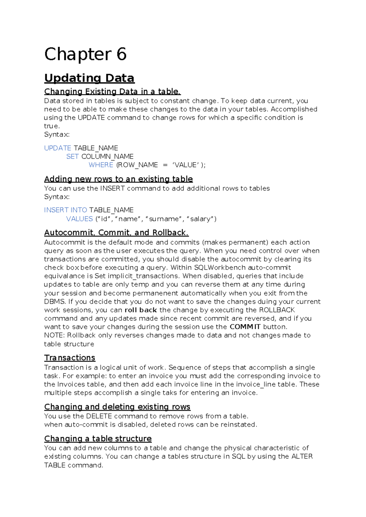 ICT1521- Chapter 6-8 - Summary Introduction to database - Chapter 6 Updating Data Changing ...