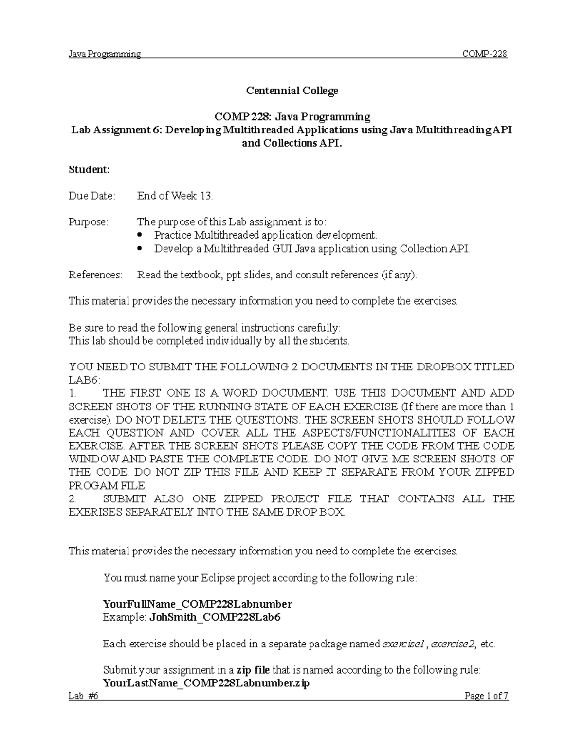 Java Programmingcomp228lab6 Centennial College Comp 228 Java Programming Lab Assignment 6