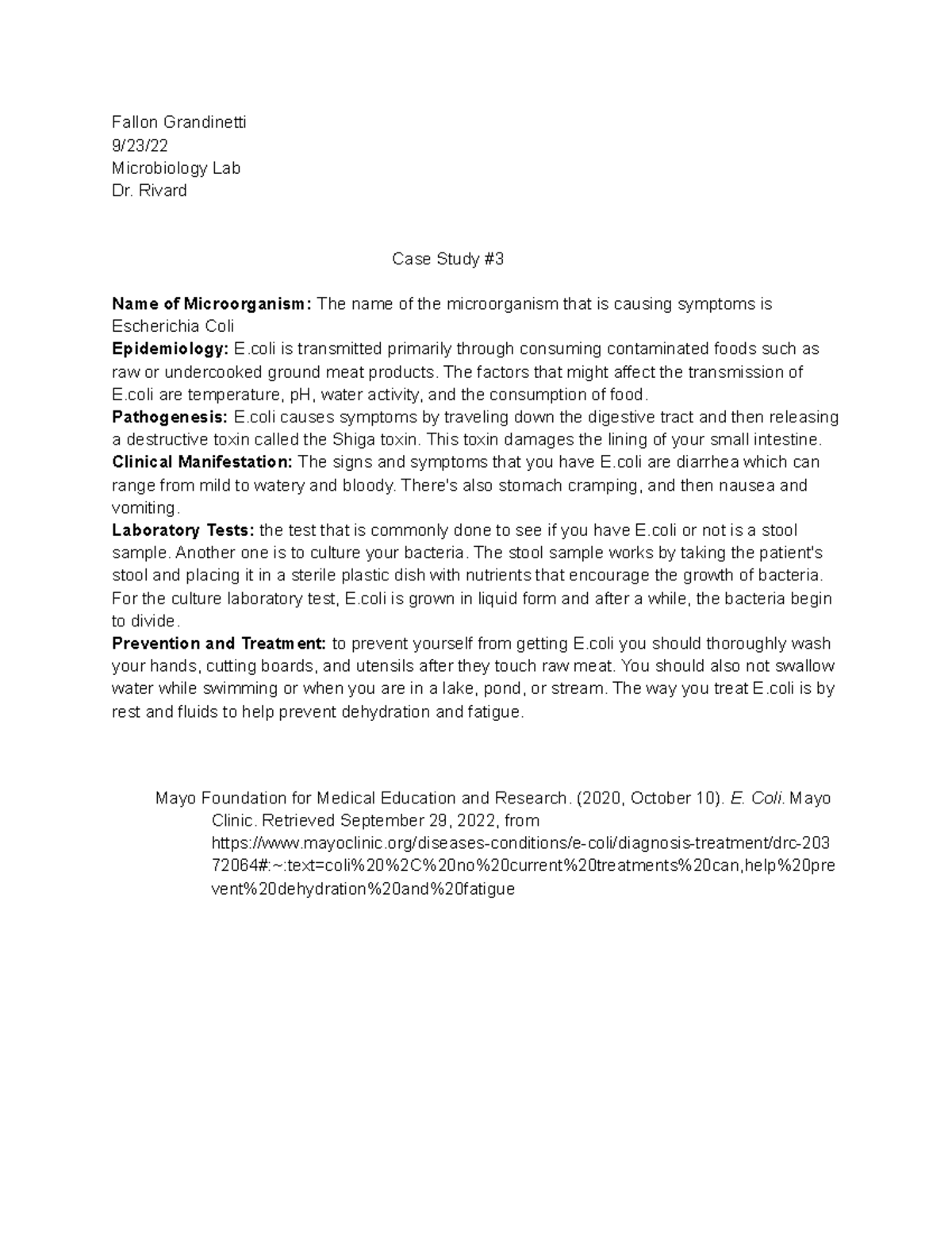 Case Study # 3- Microbiology Lab - Fallon Grandinetti 9/23 ...