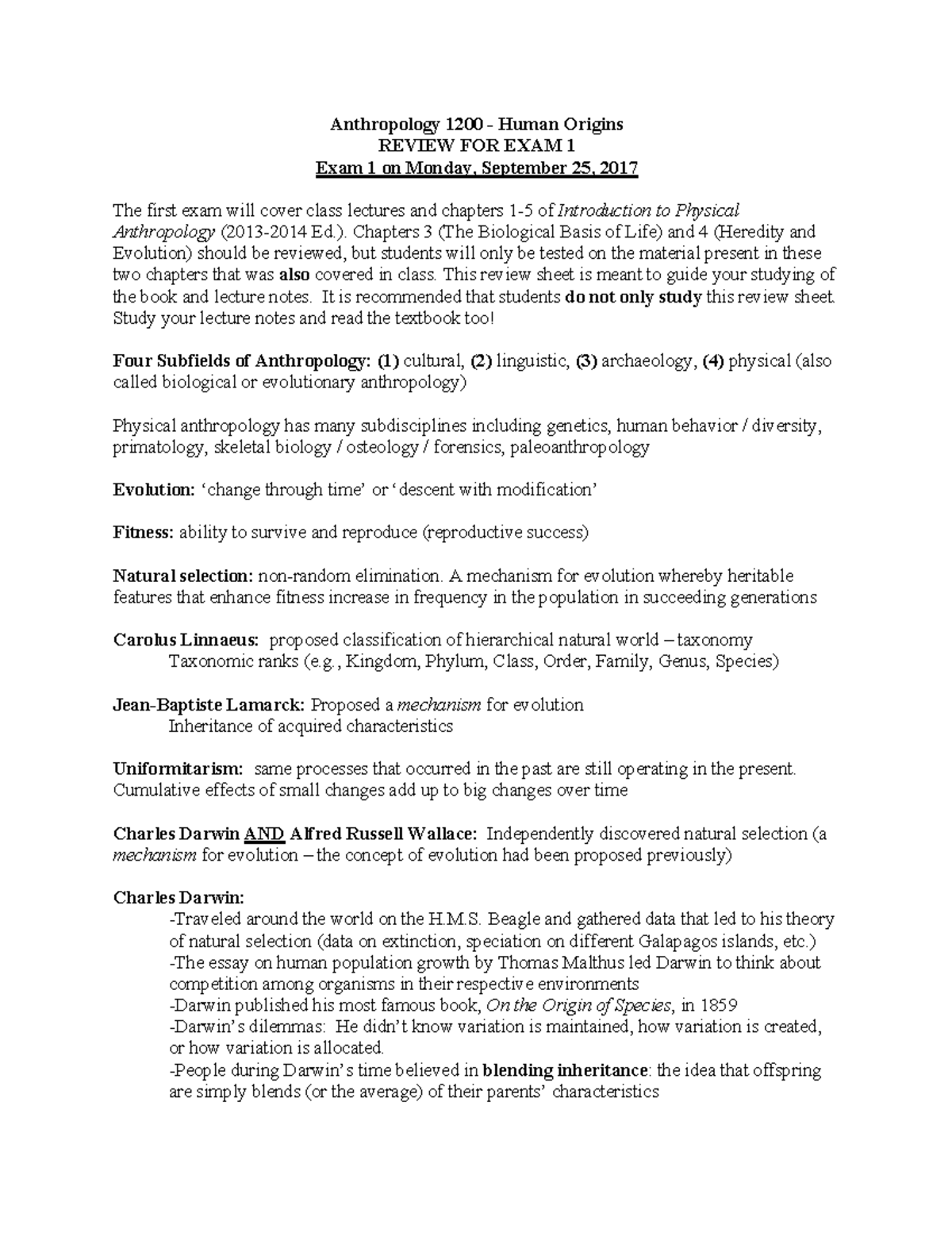 ANTH 1200 Exam 1 Review Sheet - Anthropology 1200 - Human Origins ...