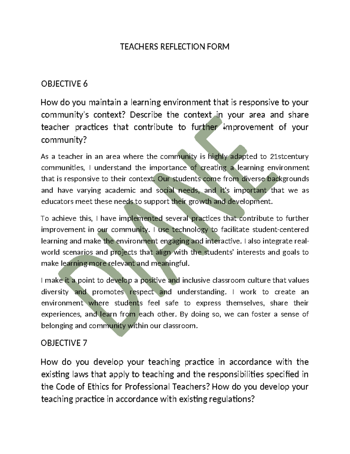 TRF-CITY-1305 - Teachers reflection - TEACHERS REFLECTION FORM ...